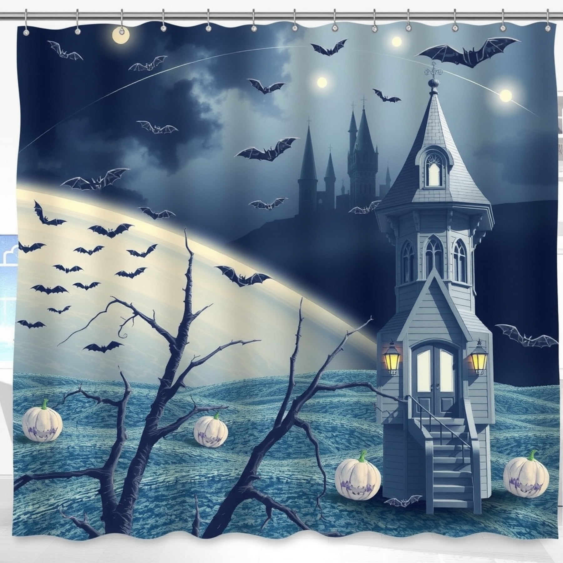 Spooky Halloween Shower Curtain - Gothic Tower, Full Moon & Bats Design ...