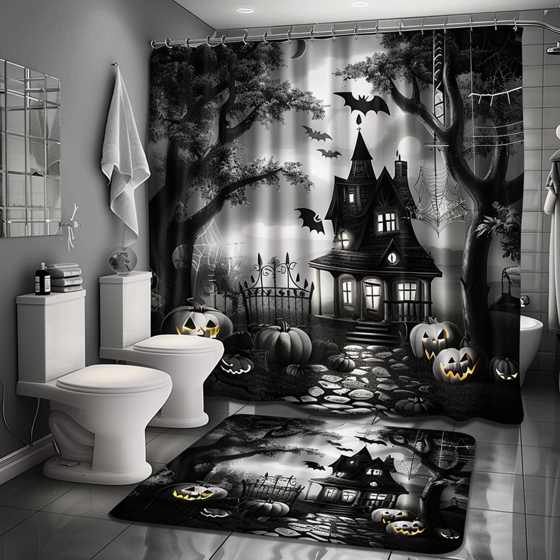 Spooky Halloween Shower Curtain Haunted House Graveyard Design Ghostly