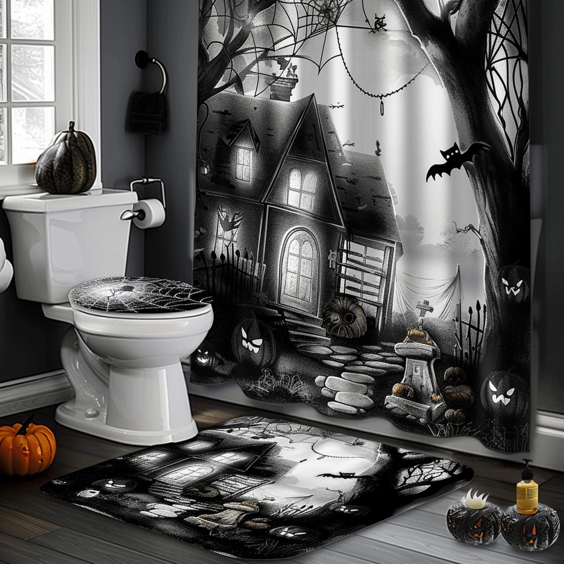 Spooky Halloween Shower Curtain Haunted House Graveyard Ghosts Pumpkins