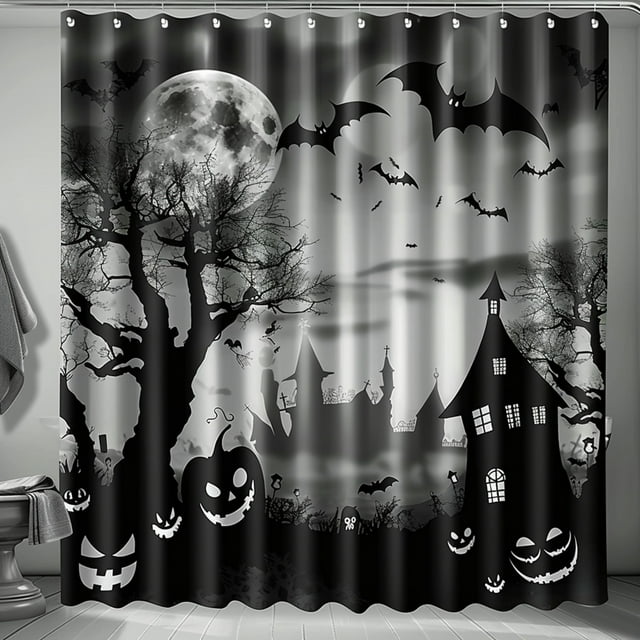 Spooky Halloween Shower Curtain Pumpkin Patch Bat Cave Haunted House