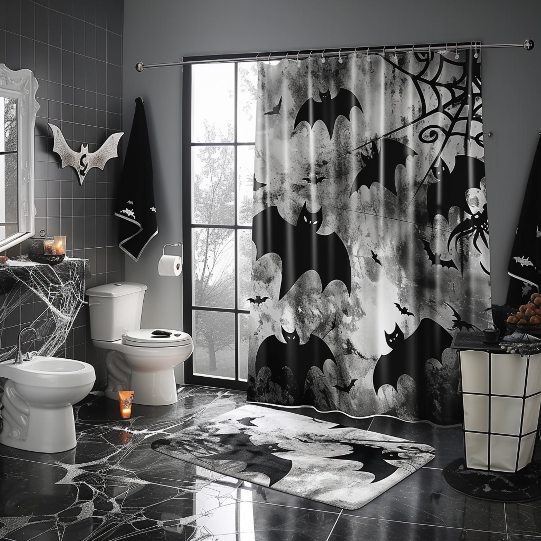 Spooky Halloween Shower Curtain Set Black And White Bat Theme With