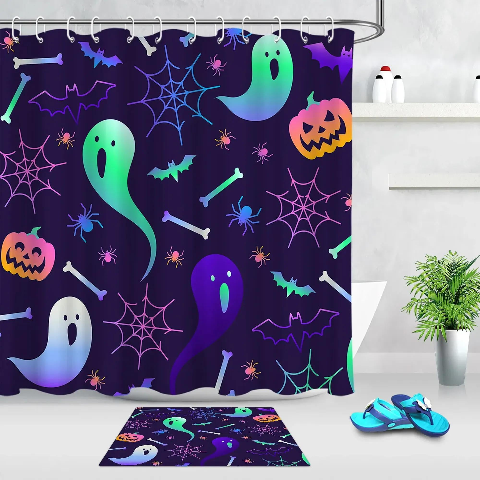 Spooky Halloween Shower Curtain Set Cartoon Pumpkin Ghost And