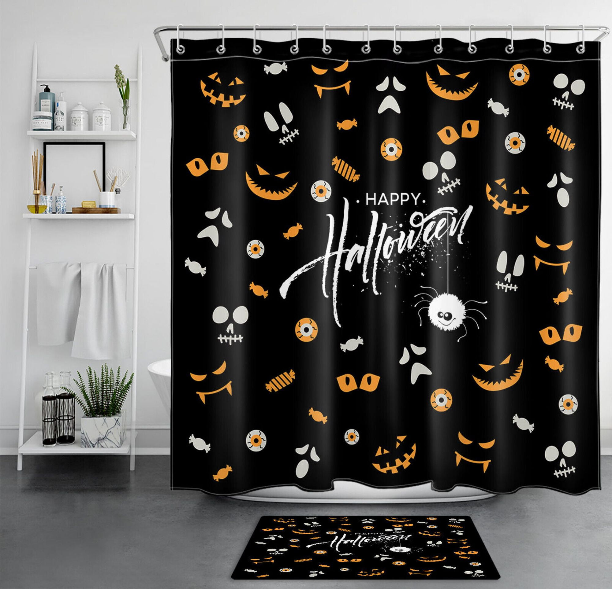 Spooky Halloween Shower Curtain Set Ghostly Black And White Pumpkins