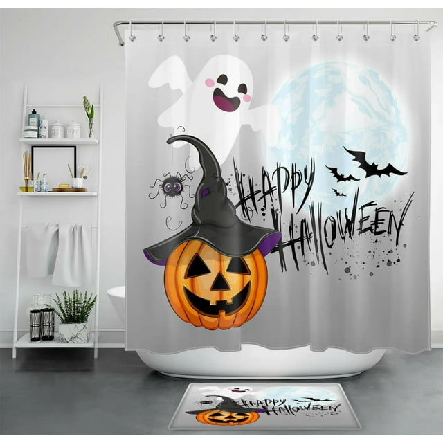 Spooky Halloween Shower Curtain Set With Adorable Ghosts Pumpkins