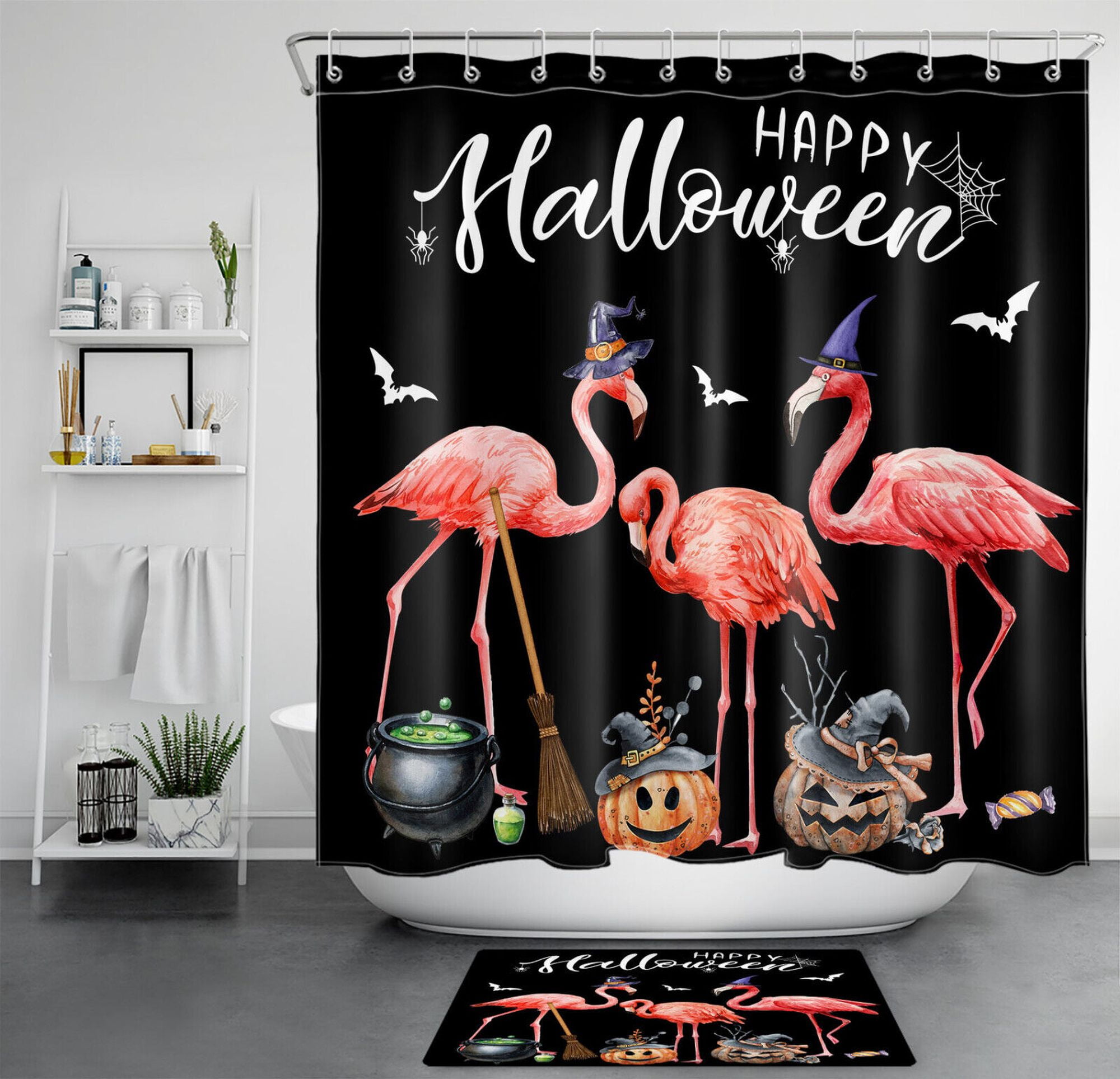 Spooky Halloween Shower Curtain Set With Spider Flamingo And Bat