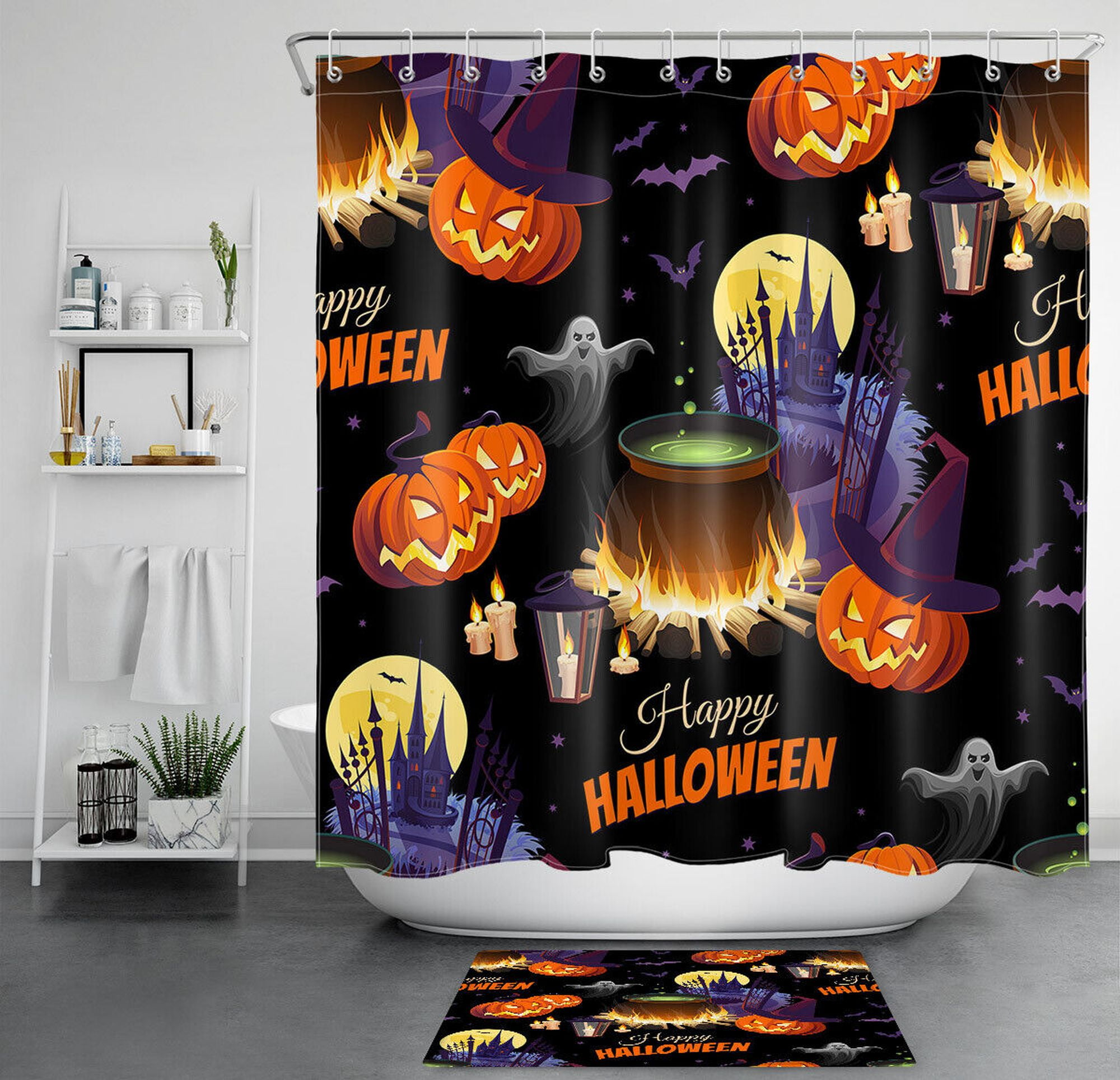 Spooky Halloween Shower Curtain Set With Witch Pumpkin And Potions