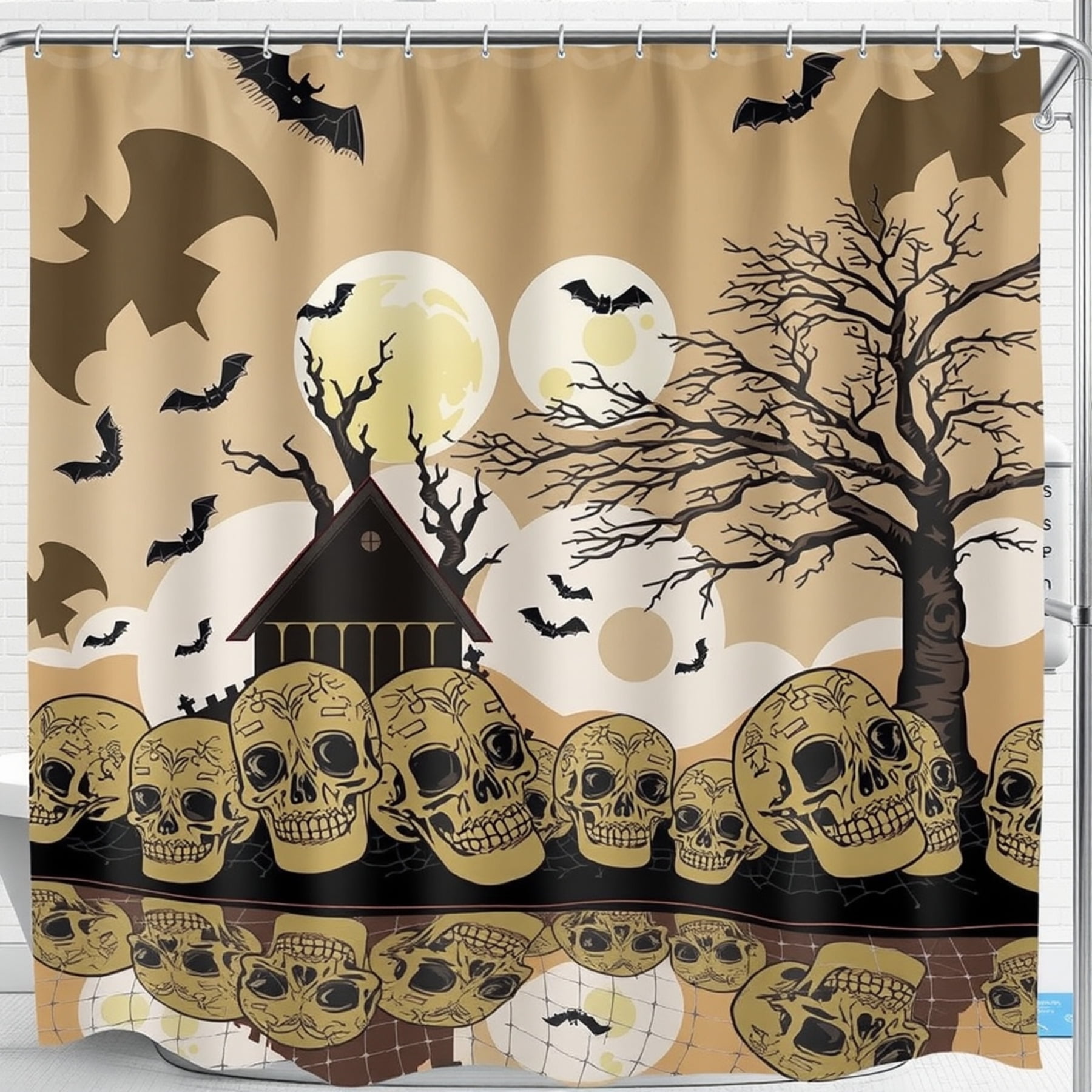 Spooky Halloween Shower Curtain - Skeleton Tree, Bats & Skulls Design ...