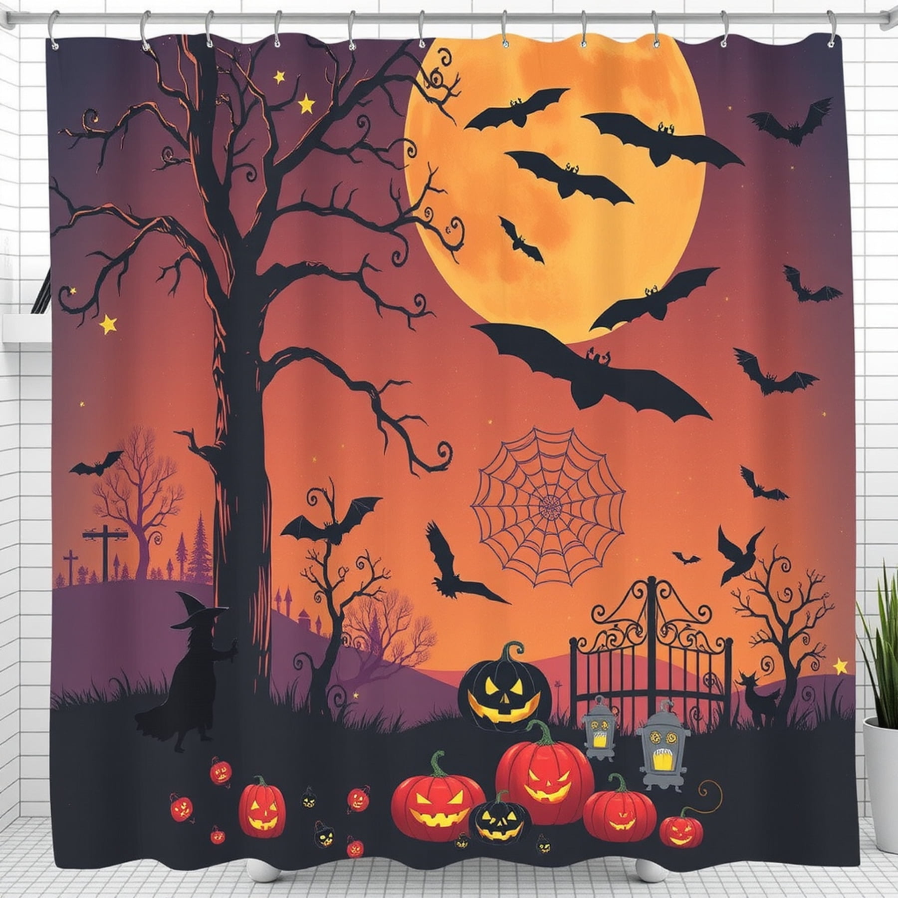 Spooky Halloween Shower Curtain - Witch in Graveyard with Orange Moon ...