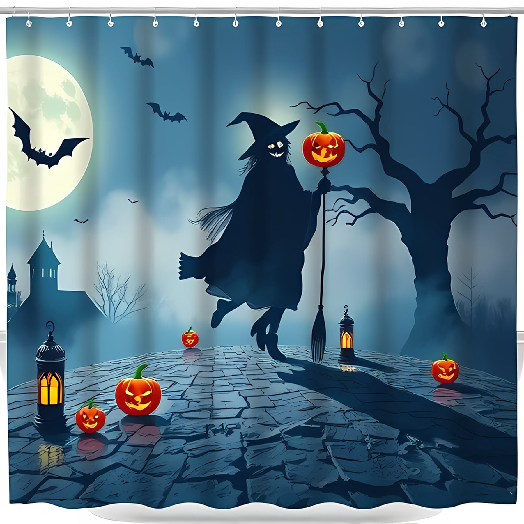 Spooky Halloween Shower Curtain - Witch on Broomstick Full Moon ...