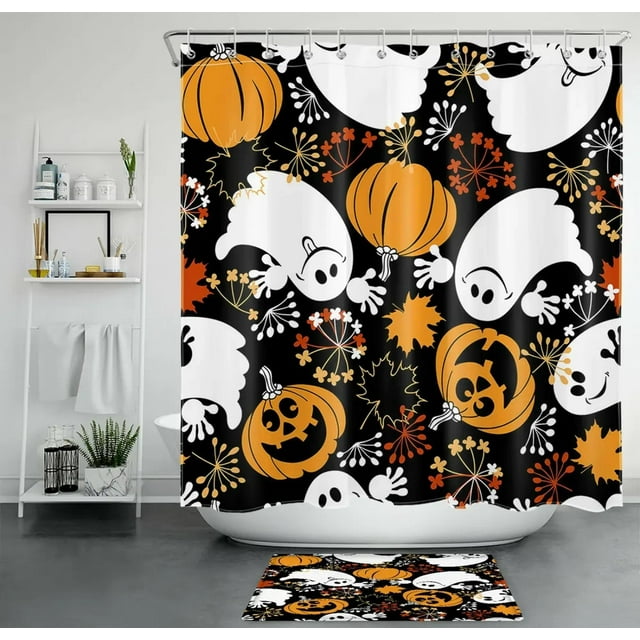 Spooky Halloween Shower Curtain Featuring Pumpkin Ghosts And Fall