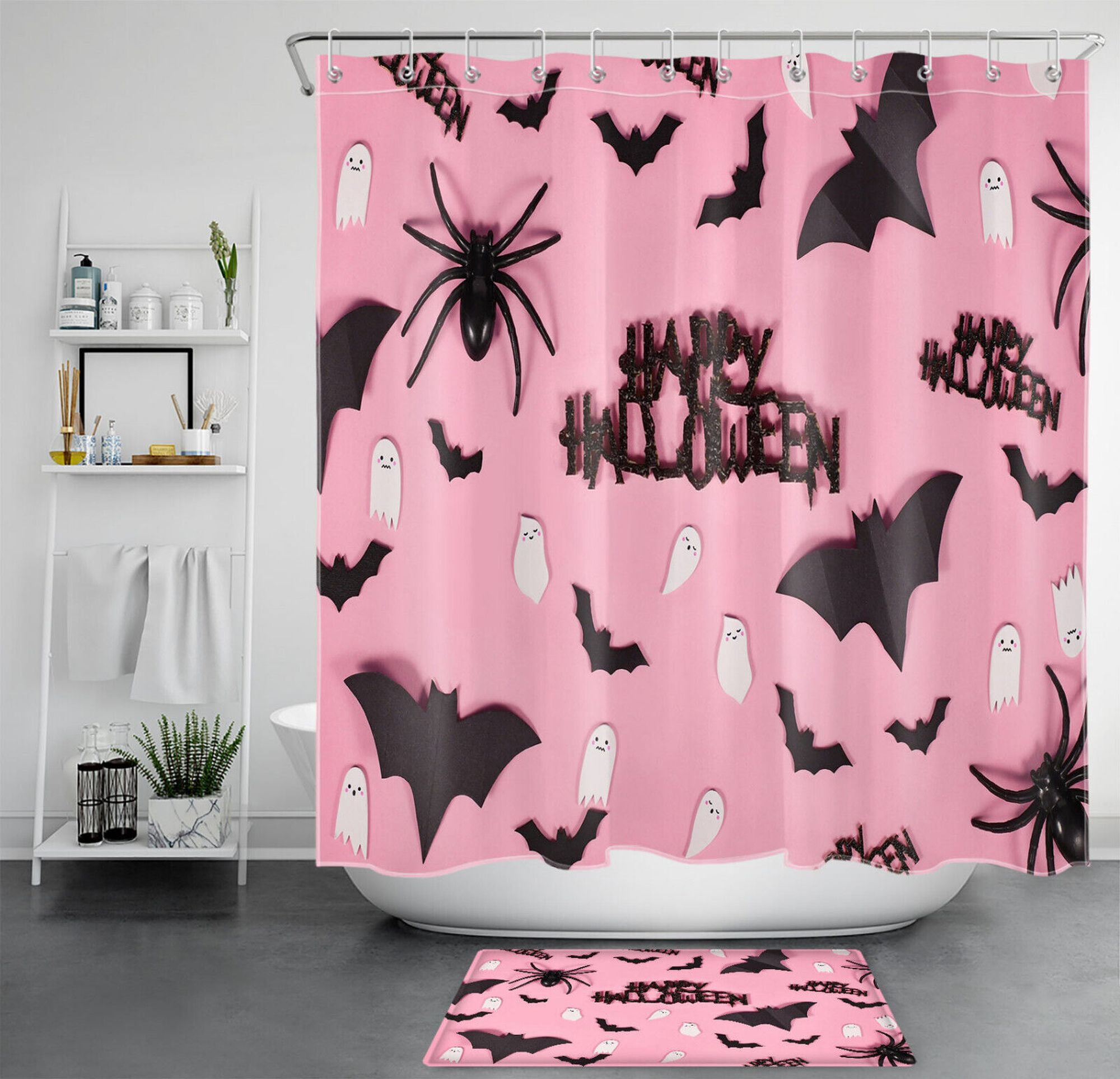Spooky Halloween Shower Curtain With Bat And Ghost Spider Design