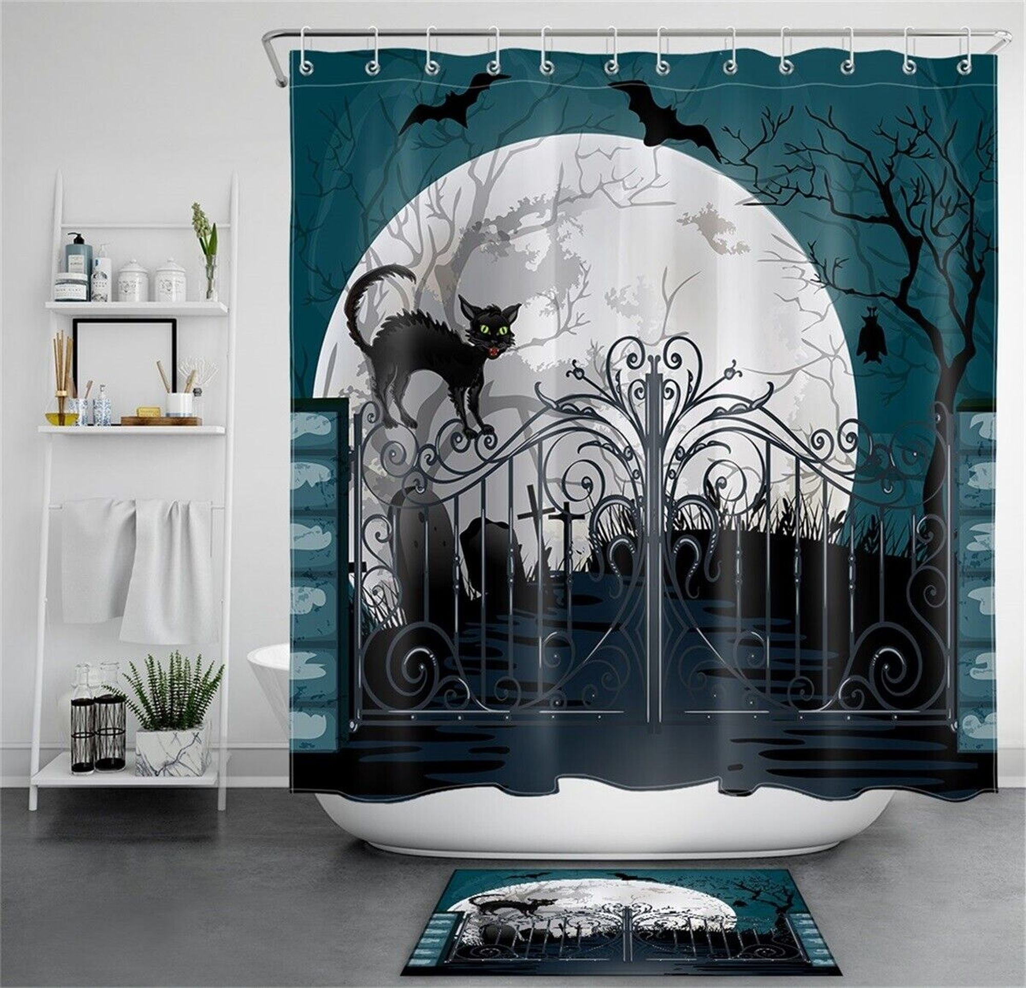Spooky Halloween Shower Curtain With Black Cat And Cemetery Design