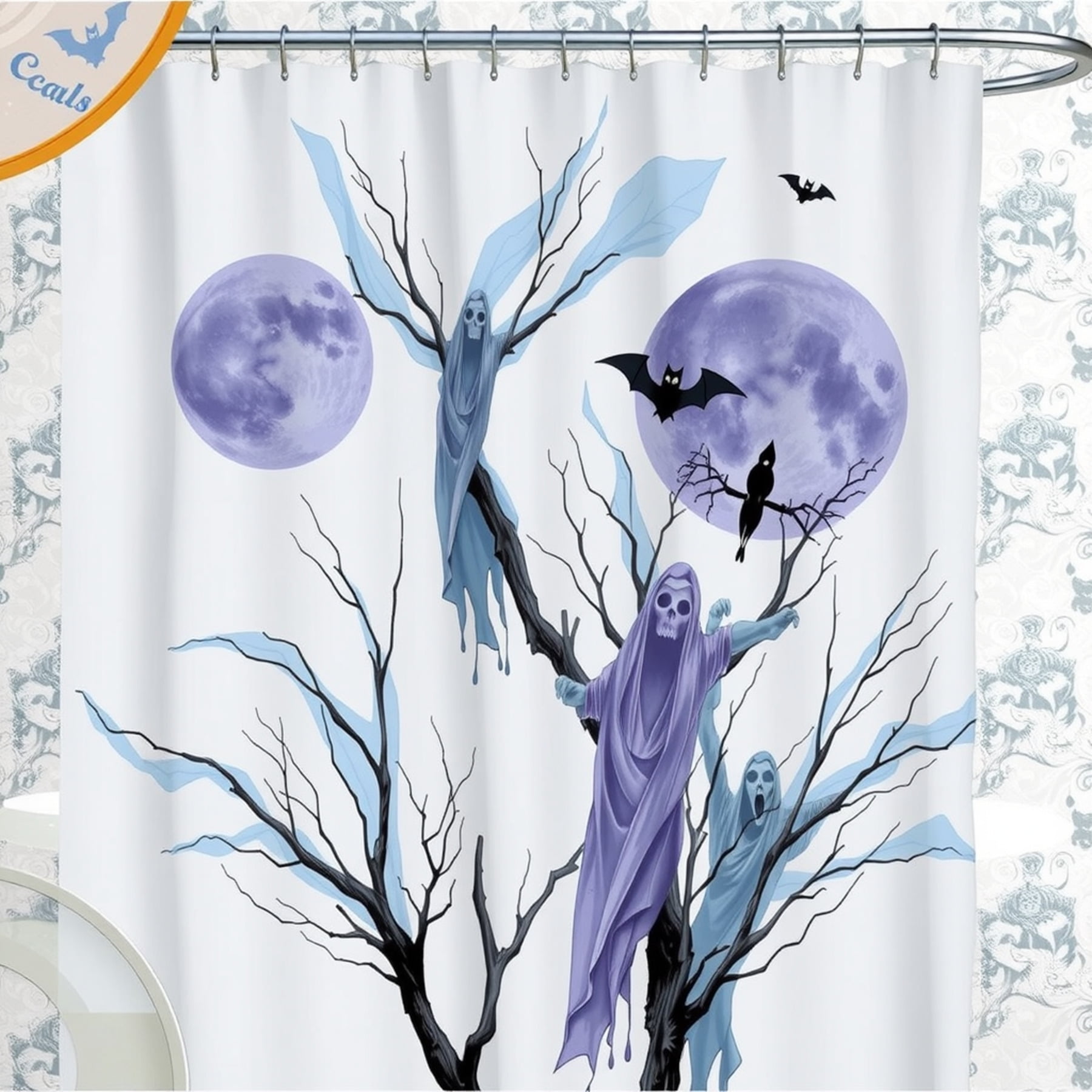 Spooky Halloween Shower Curtain with Dark Tree, Purple Moons & Ghosts ...