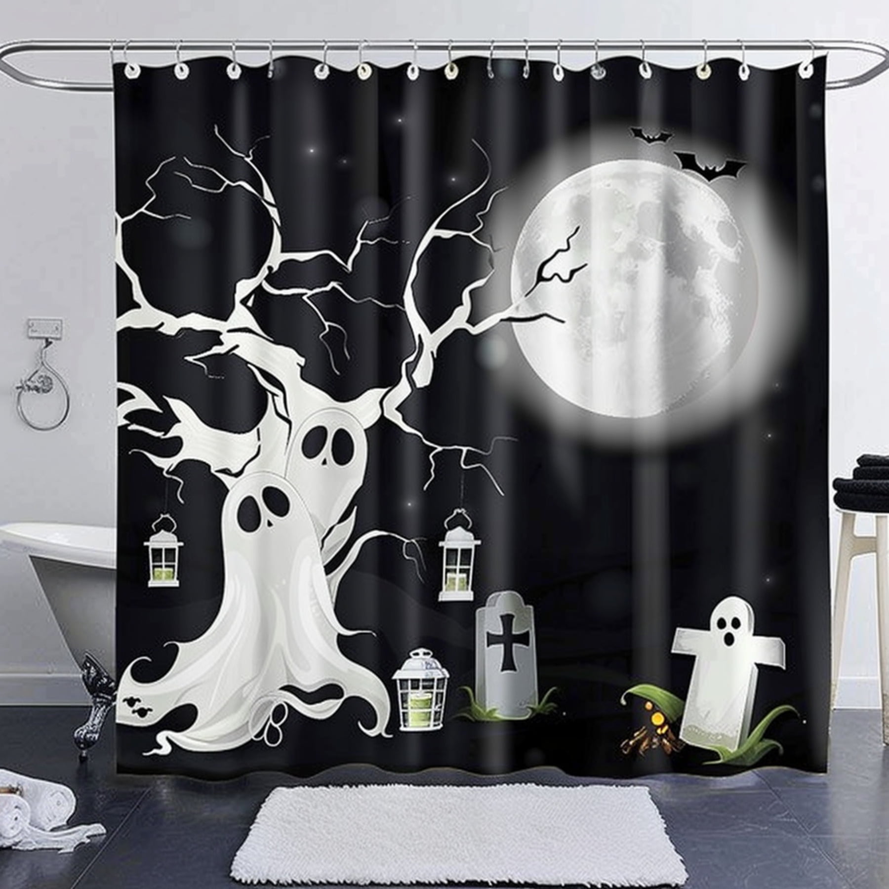 Spooky Halloween Shower Curtain With Ghost Tombstone And Lantern On