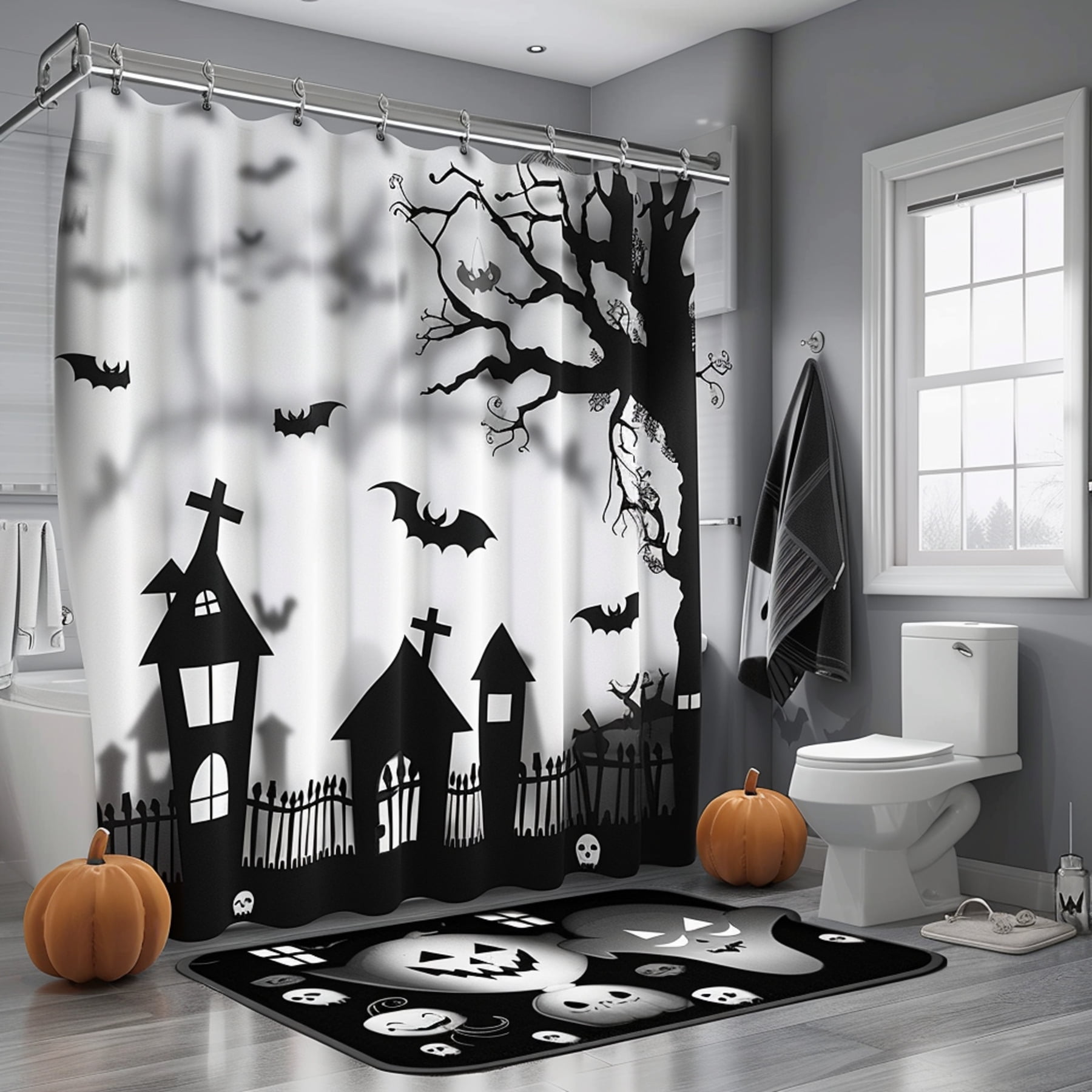 Spooky Halloween Shower Curtain With Ghostly Fog Effect Bat Print