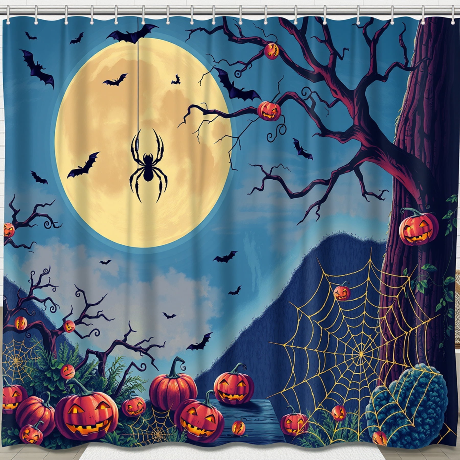 Spooky Halloween Shower Curtain with Glowing Moon, Bats & Pumpkins ...