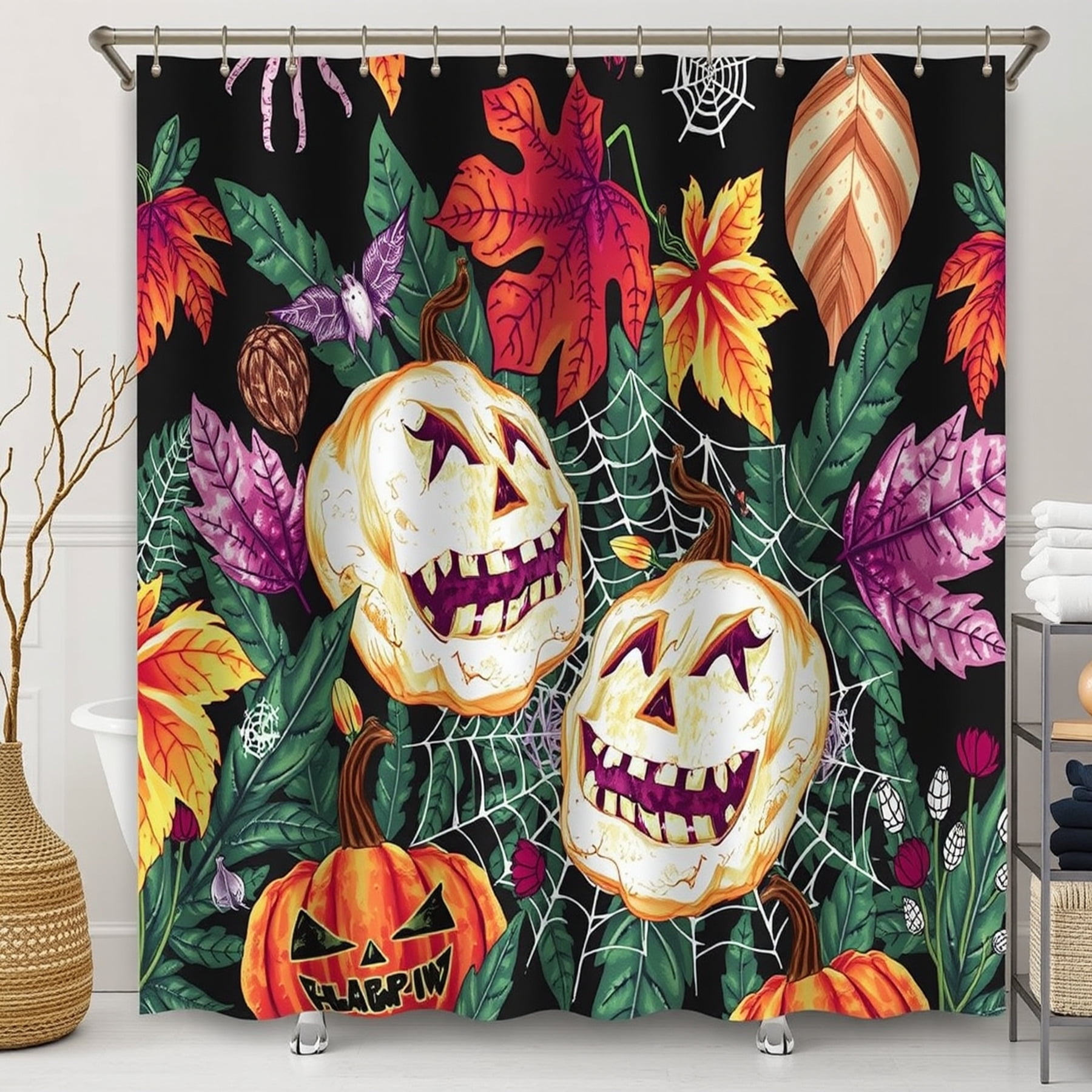 Spooky Halloween Shower Curtain with Grinning Lanterns & Spiderwebs ...