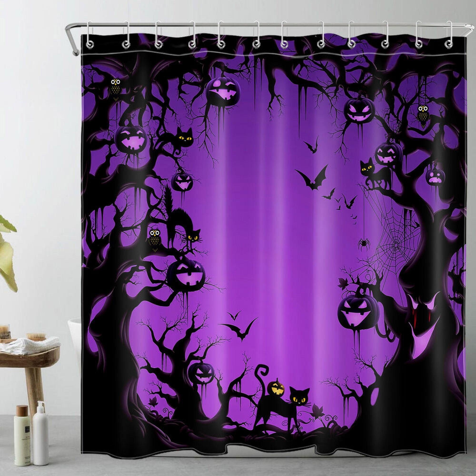 Spooky Halloween Shower Curtain With Haunted Tree Bats And Black Cats