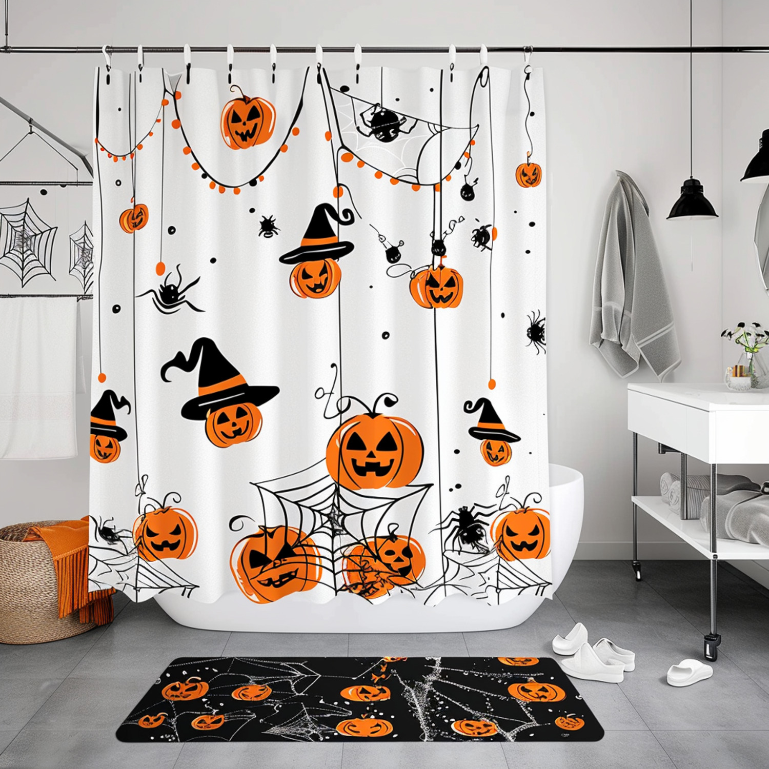 Spooky Halloween Shower Curtain With Pumpkins Witch Hats And Spider