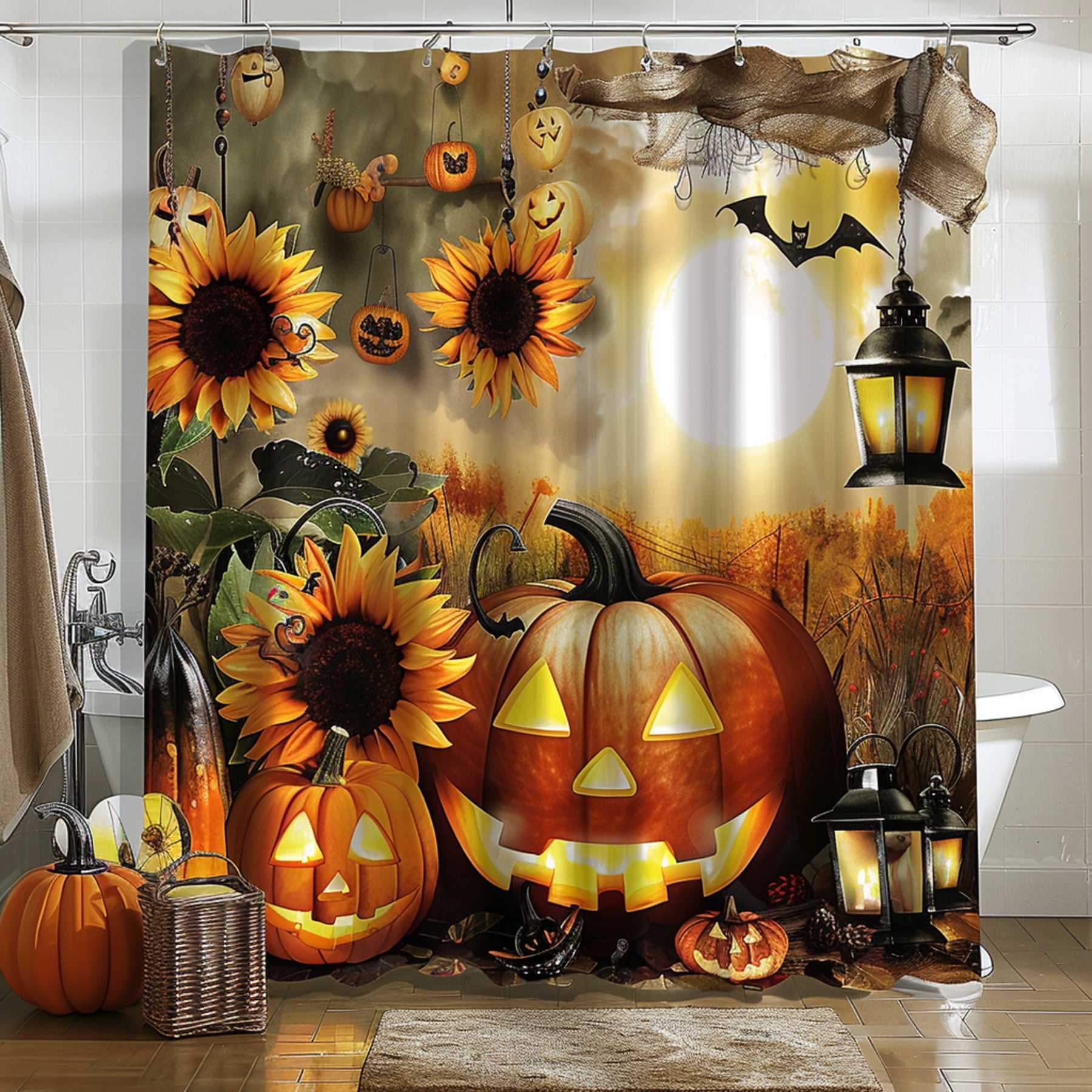 Spooky Halloween Shower Curtain with Pumpkins and Sunflowers Lanterns ...
