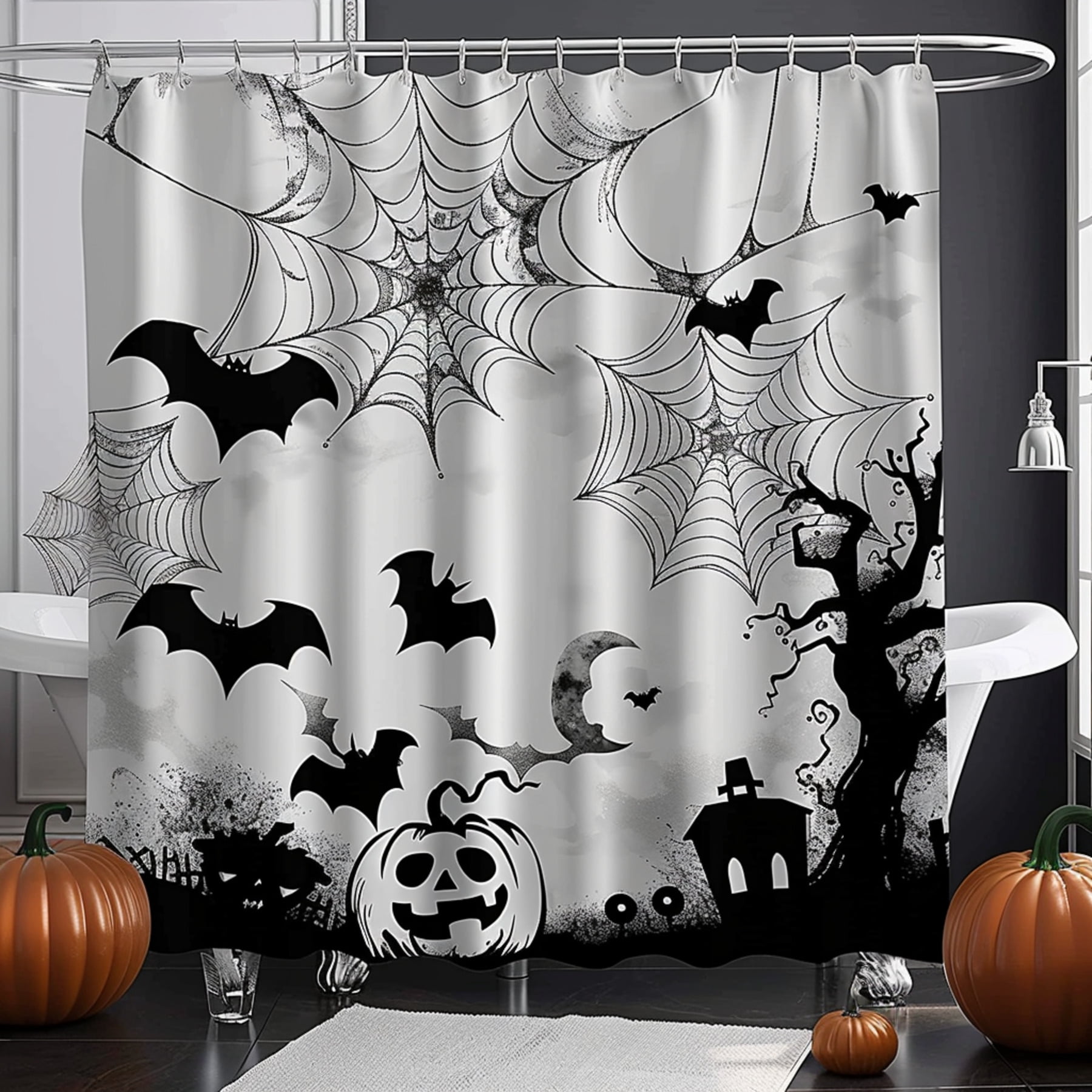 Spooky Halloween Shower Curtain With Spider Webs Pumpkins And Bats