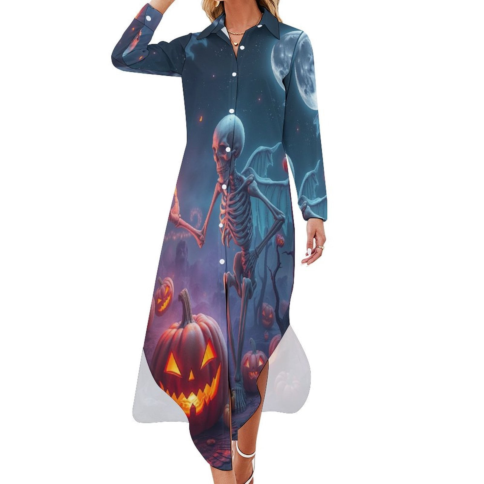Spooky Halloween Skeleton Chiffon Dress V Neck Dresses Women Casual ...
