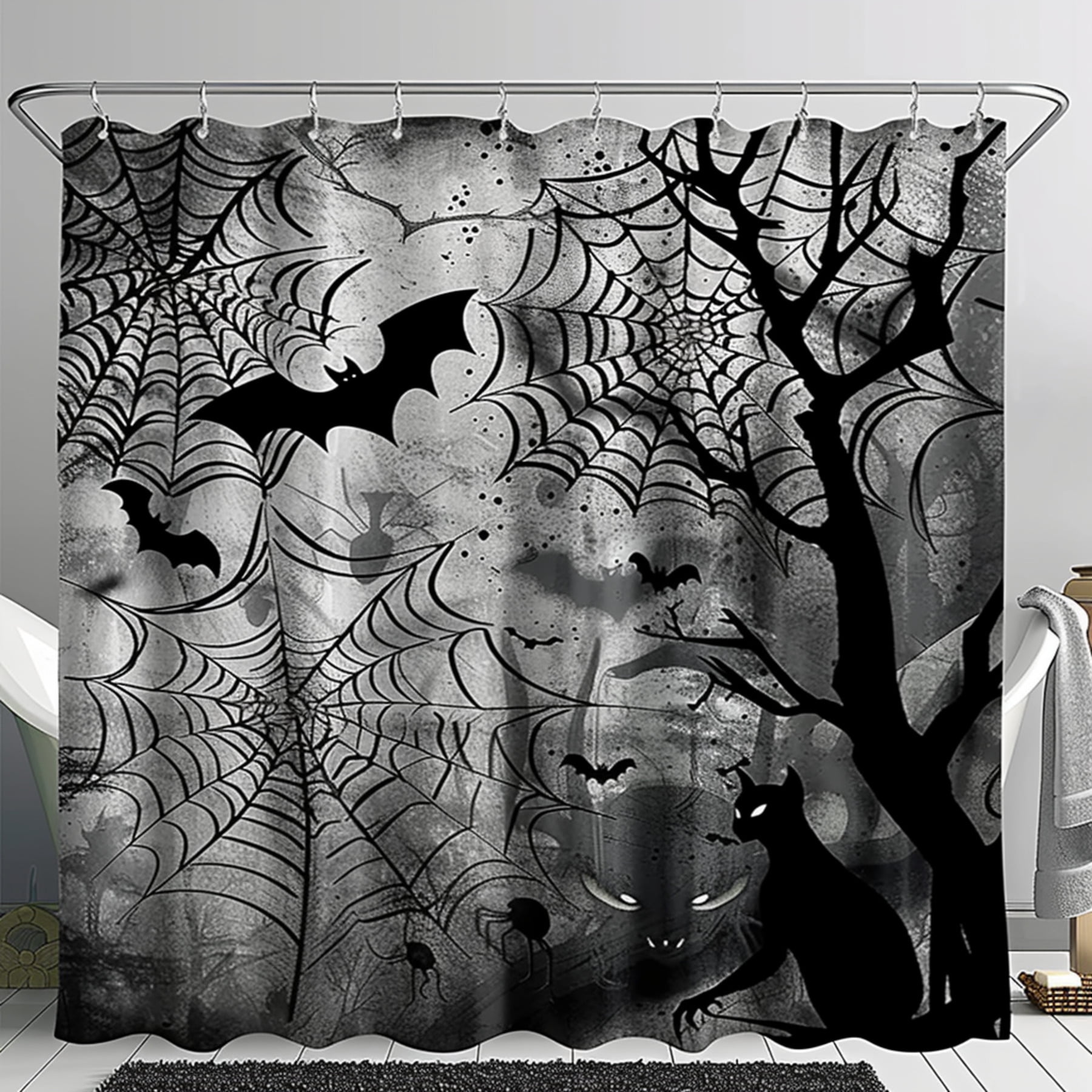 Spooky Halloween Spider Web And Bats Shower Curtain Gothic Style With