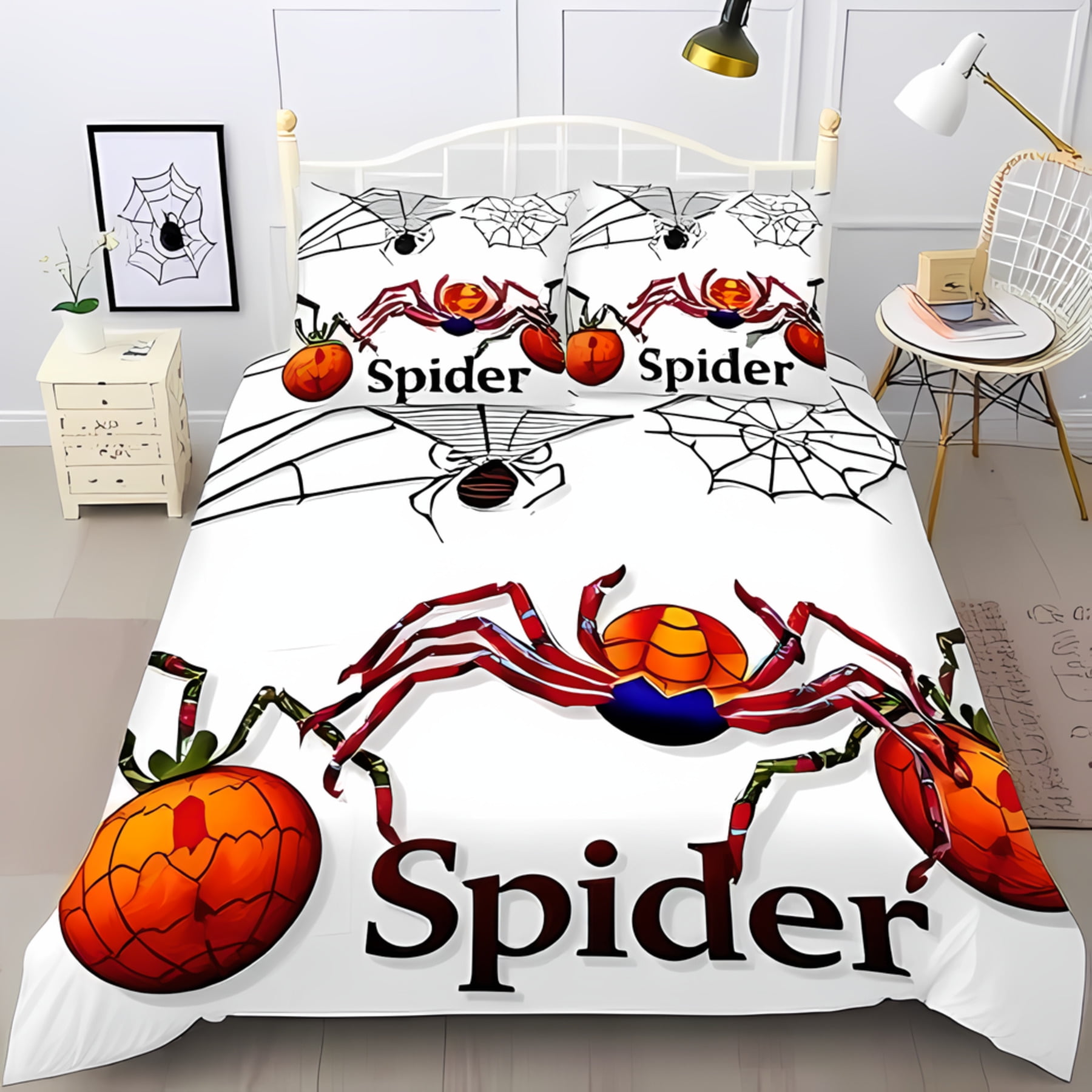 Spooky Halloween Themed Bedspread Set Colorful Spiders & Pumpkin Design ...