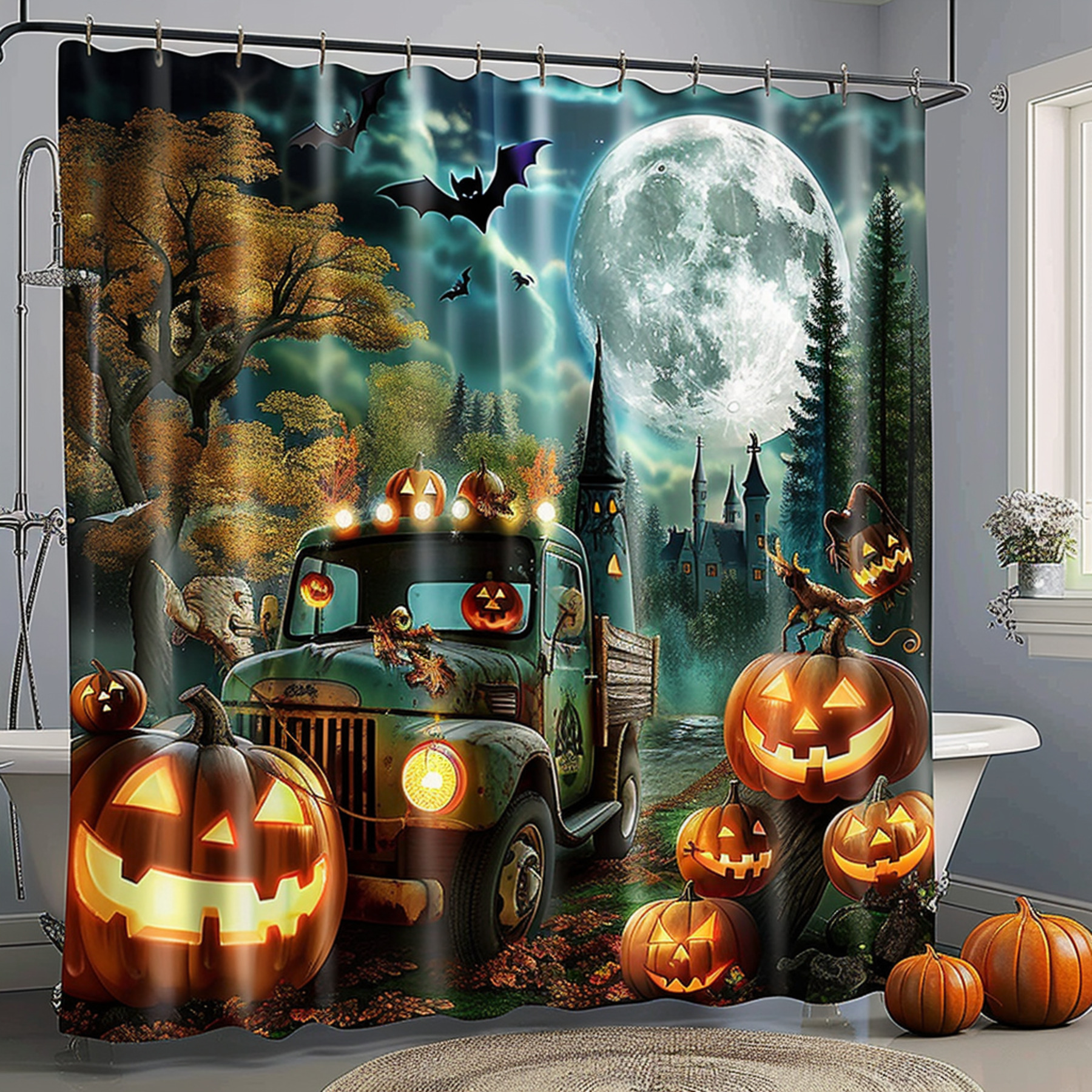 Spooky Halloween Truck with Forest and Castle Shower Curtain Full Moon ...