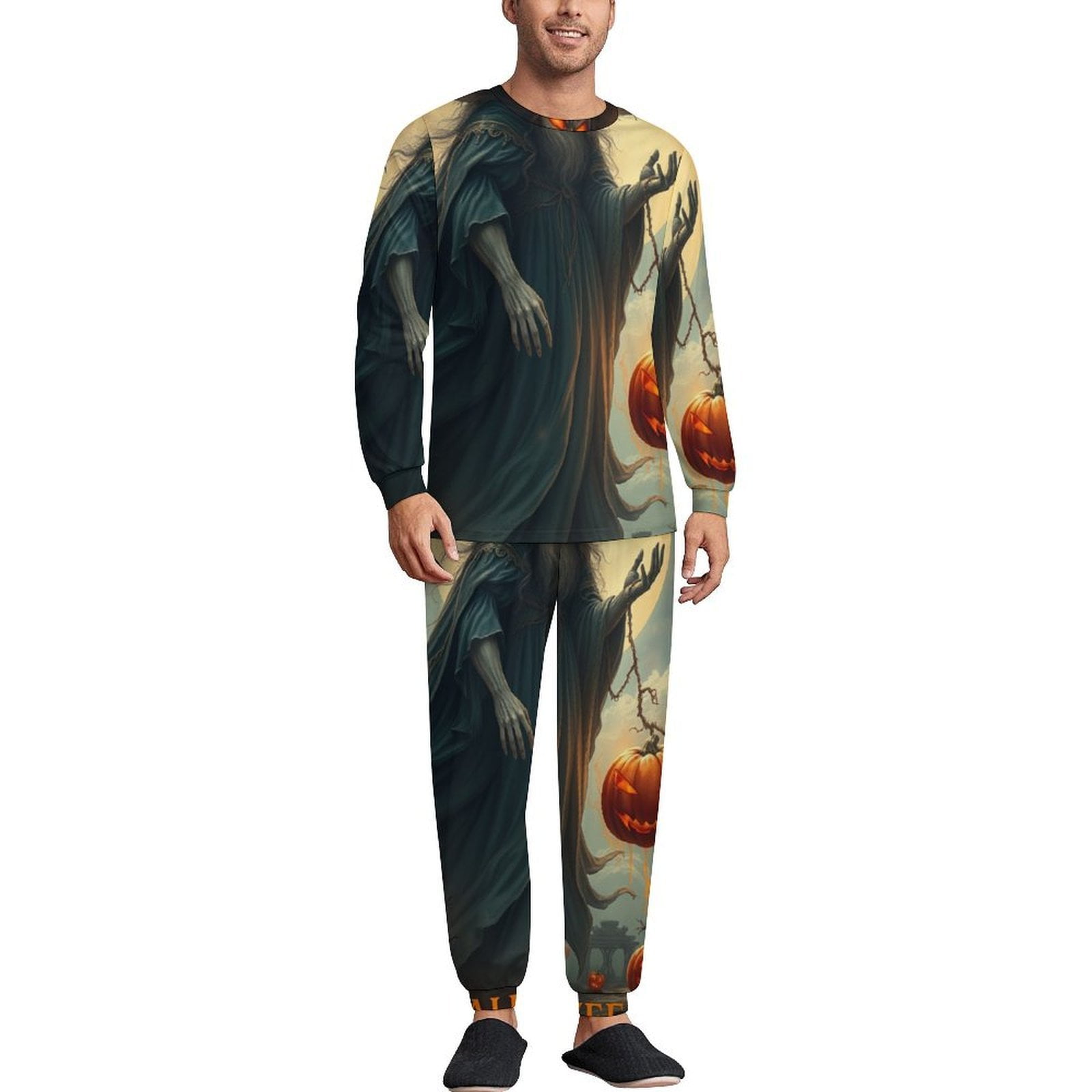 Spooky Halloween Wizard Jackolantern Bats Pajamas Mens Warm Sleepwear ...