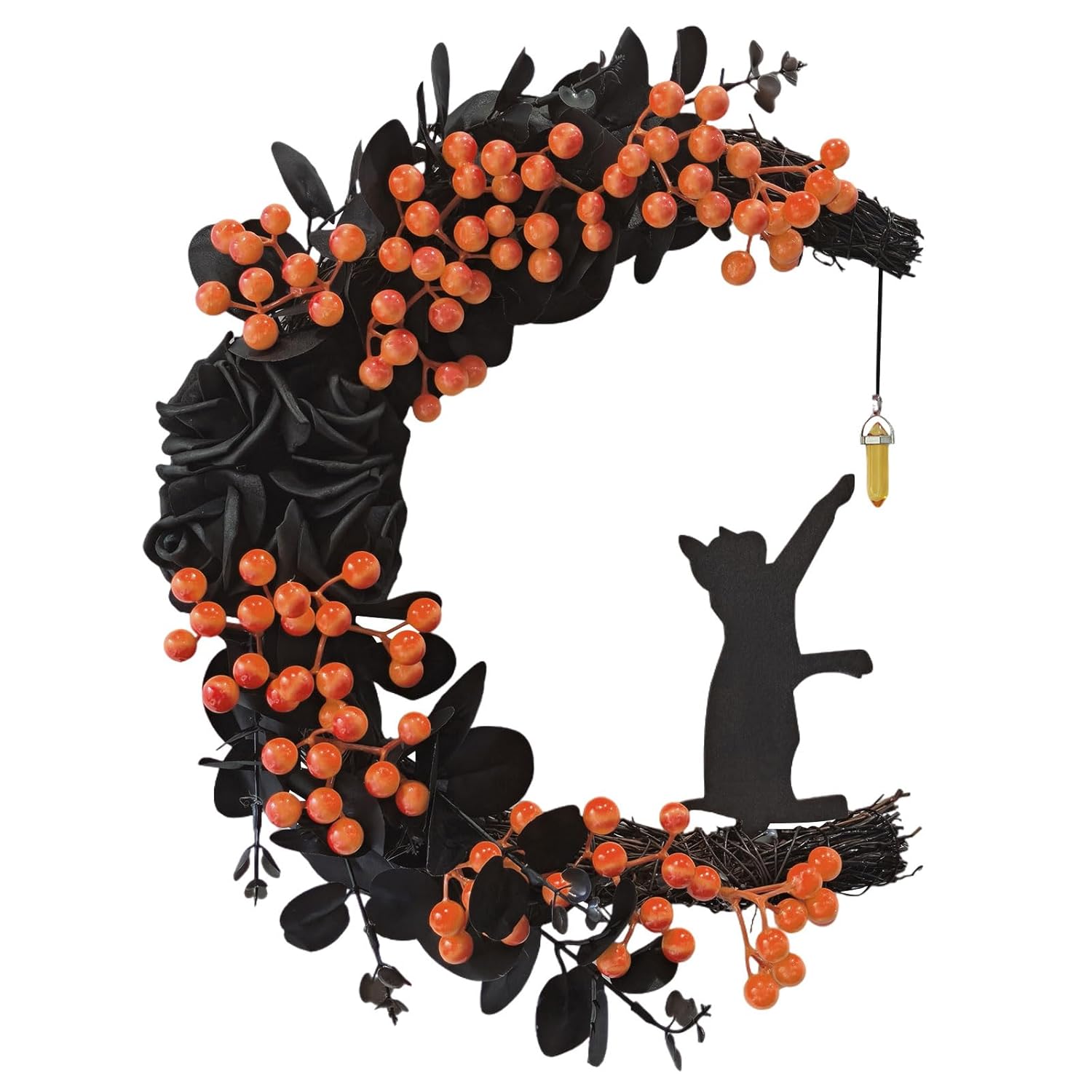 Spooky Halloween Wreath - Black Cat Moon Door Decor with Lights for ...