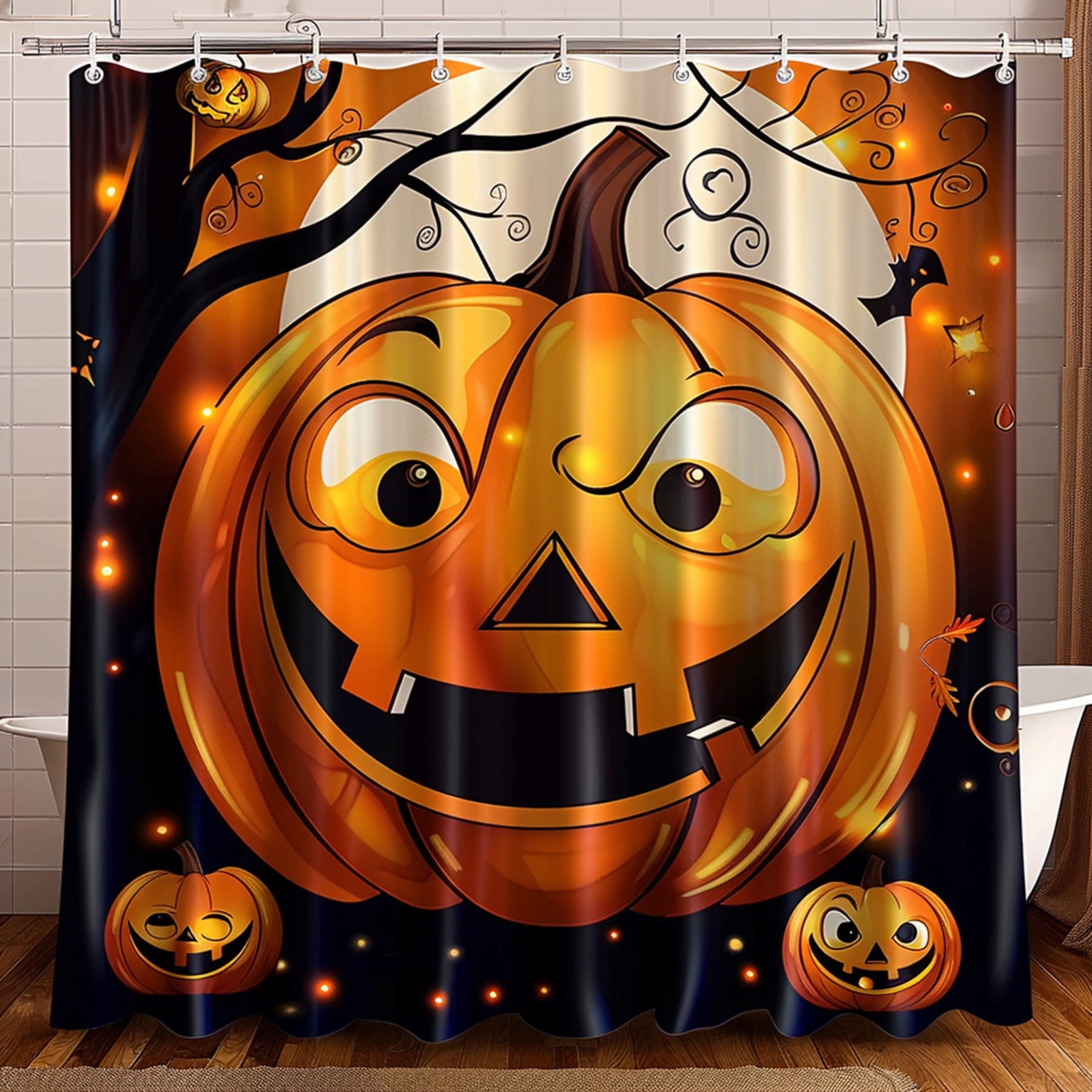 Spooky Halloweenthemed Shower Curtain Featuring A Cute Pumpkin Cartoon