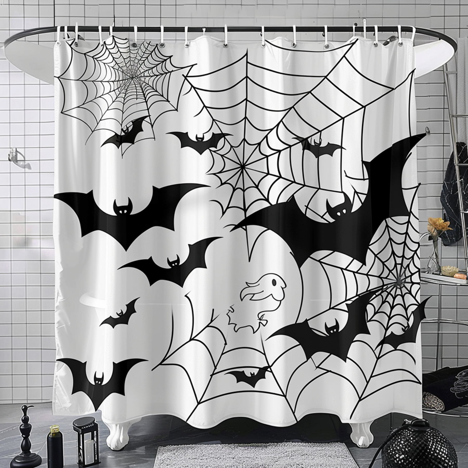 Spooky Haunted House Halloween Shower Curtain With Humorous Bat