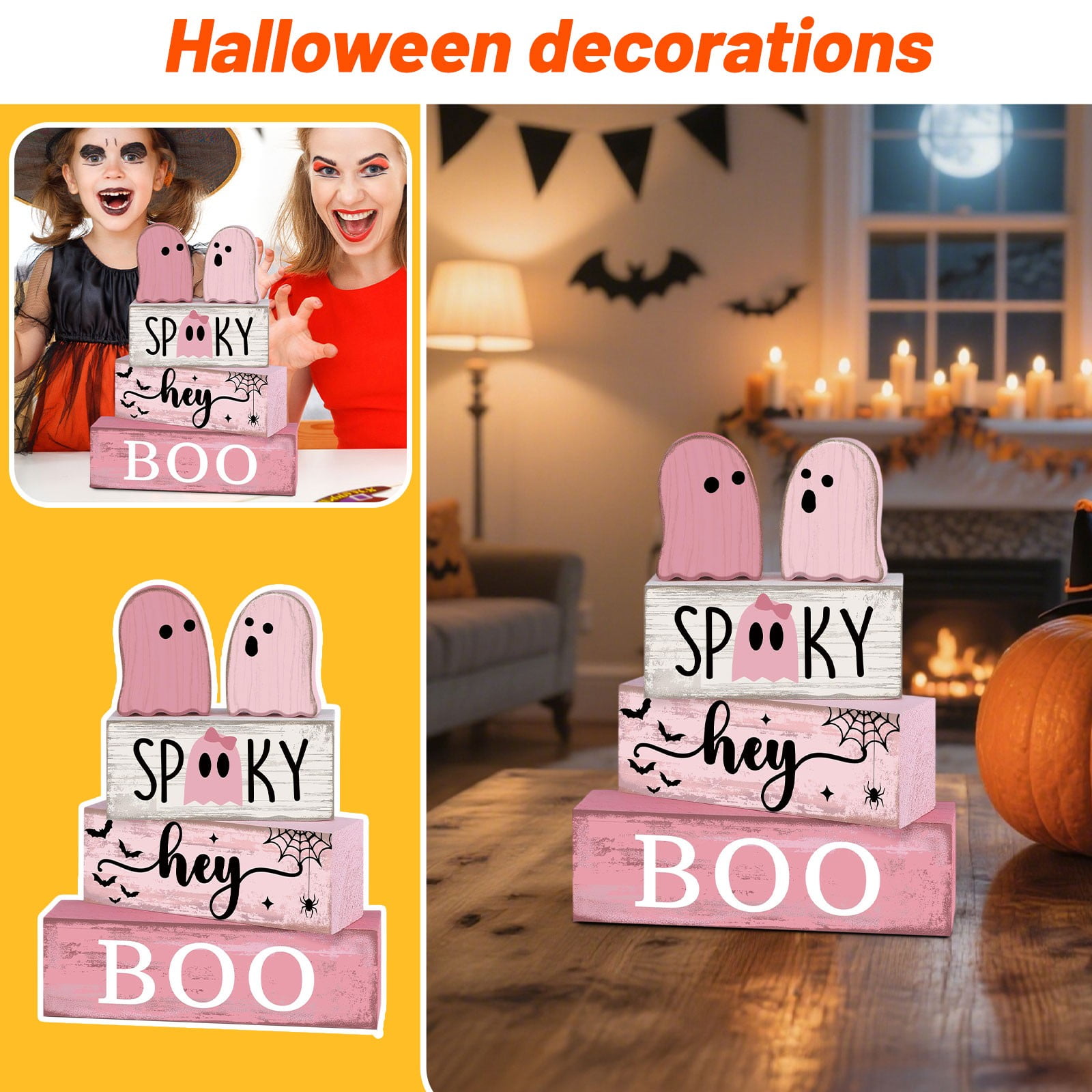 Spooky "Hey Boo" Halloween Wooden Ghost Decoration - Table Top Ornament ...