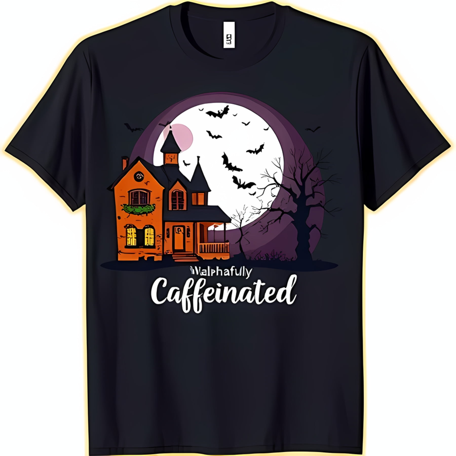 Spooky House & Full Moon Black T-Shirt 'Walphafuly Caffeinated' Design with Bats - Walmart.com