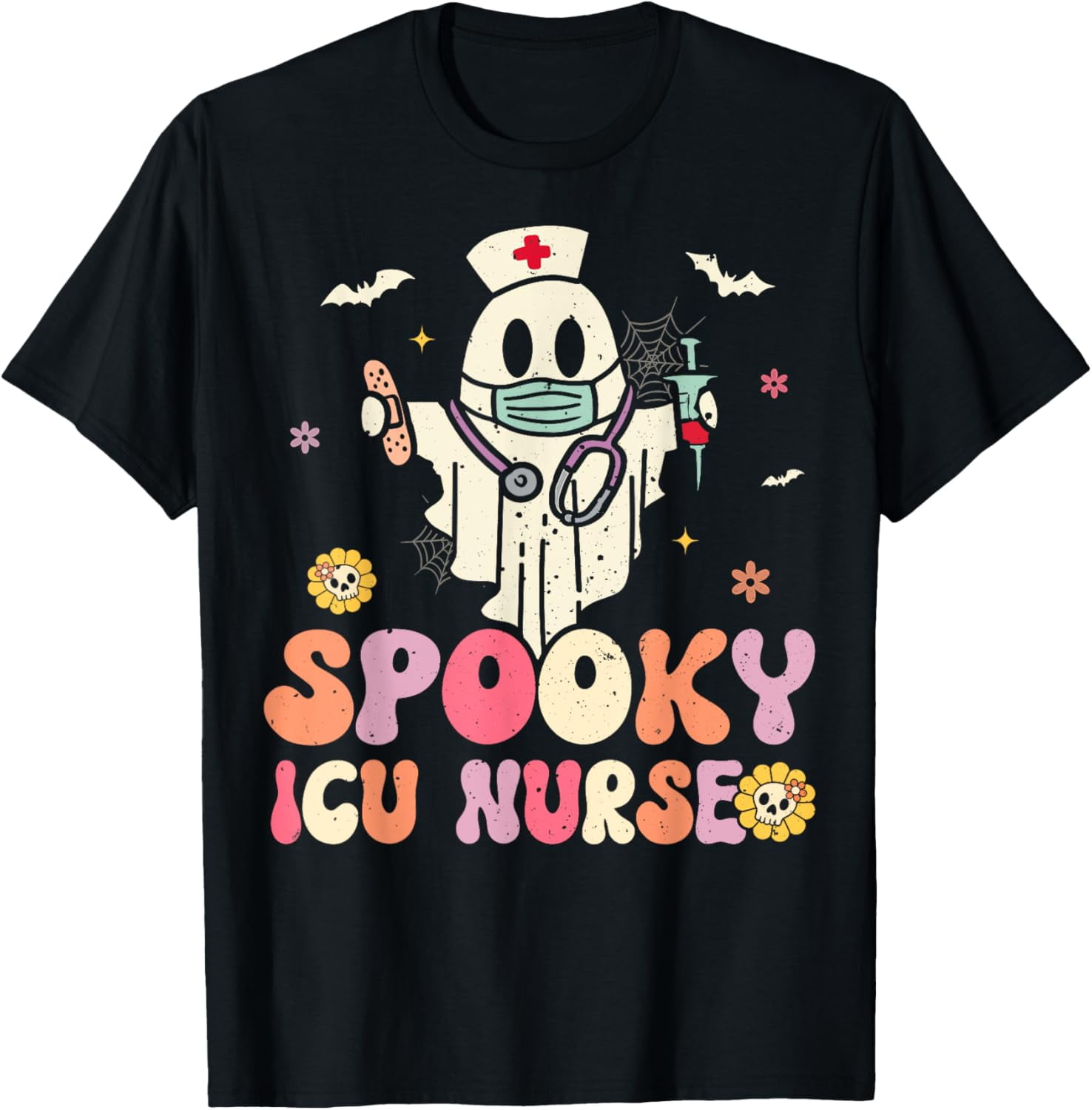 Spooky ICU Nurse Ghost Halloween Groovy Retro Peds Nurse T-Shirt ...