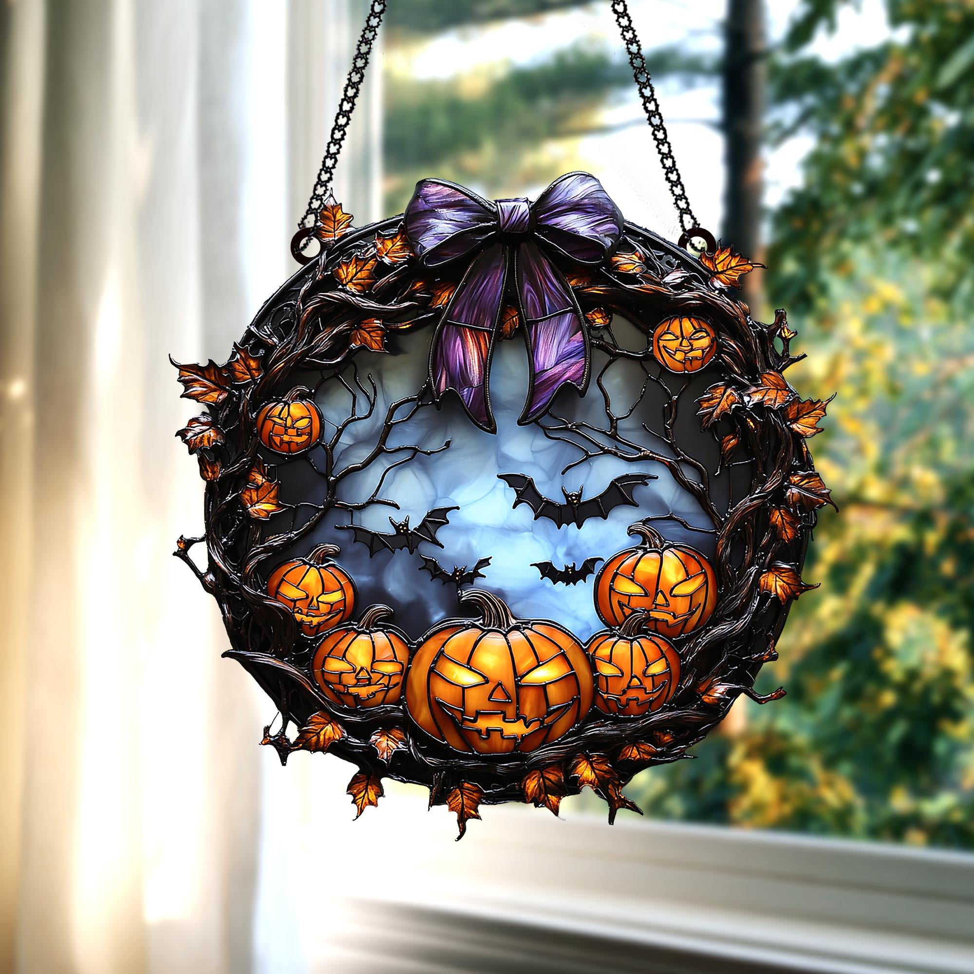 Spooky Jack O’Lantern Wreath Acrylic Suncatcher – Faux Stained Glass ...