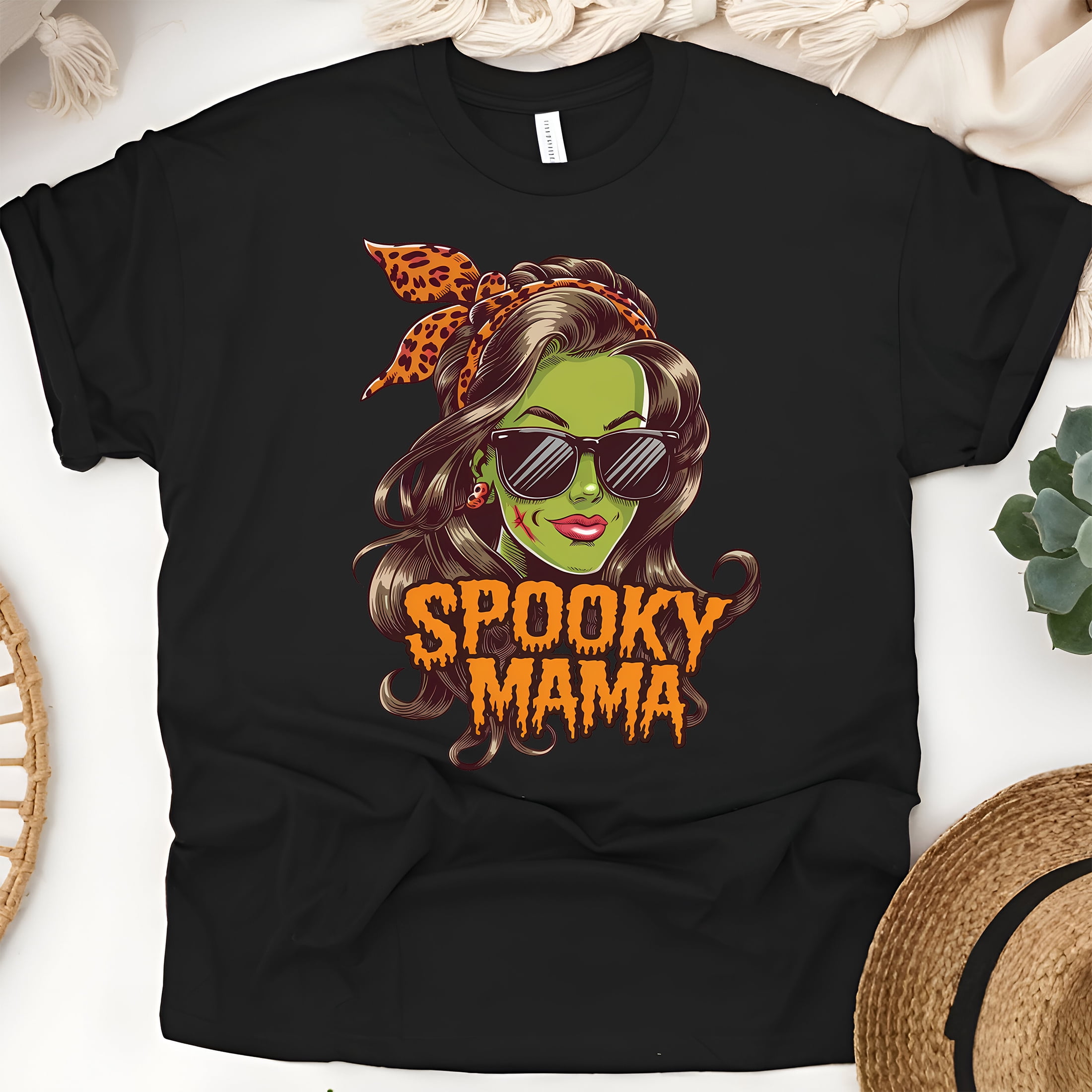Spooky Mama Halloween Shirt – Zombie Woman with Sunglasses and Leopard ...