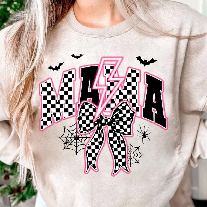 Spooky Mama Halloween Sweatshirt with Neon Checkered Vibes, Coquette ...