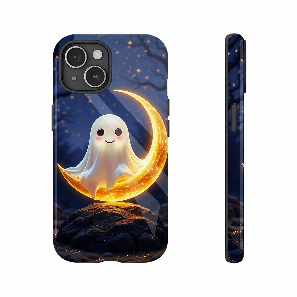 Spooky Moon Ghost Design Sparkly Glowing Crescent Moon & Ghost Phone ...