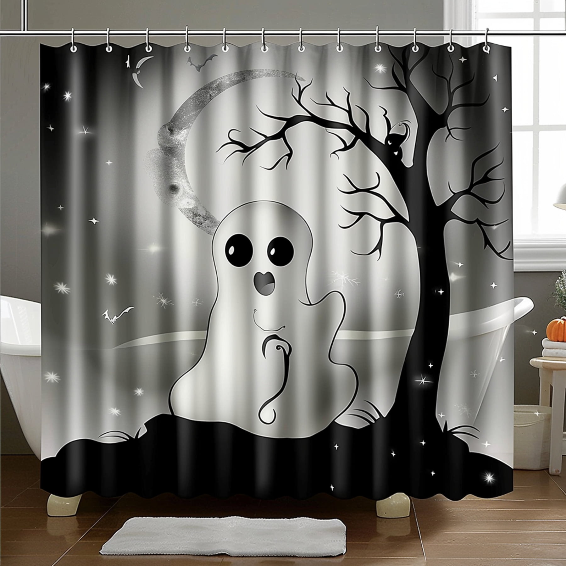 Spooky Night Halloween Shower Curtain Cute Ghost Design High Quality 2d