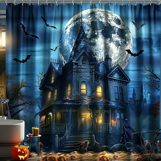 Spooky Night Sky Shower Curtain Halloween Haunted House Design With