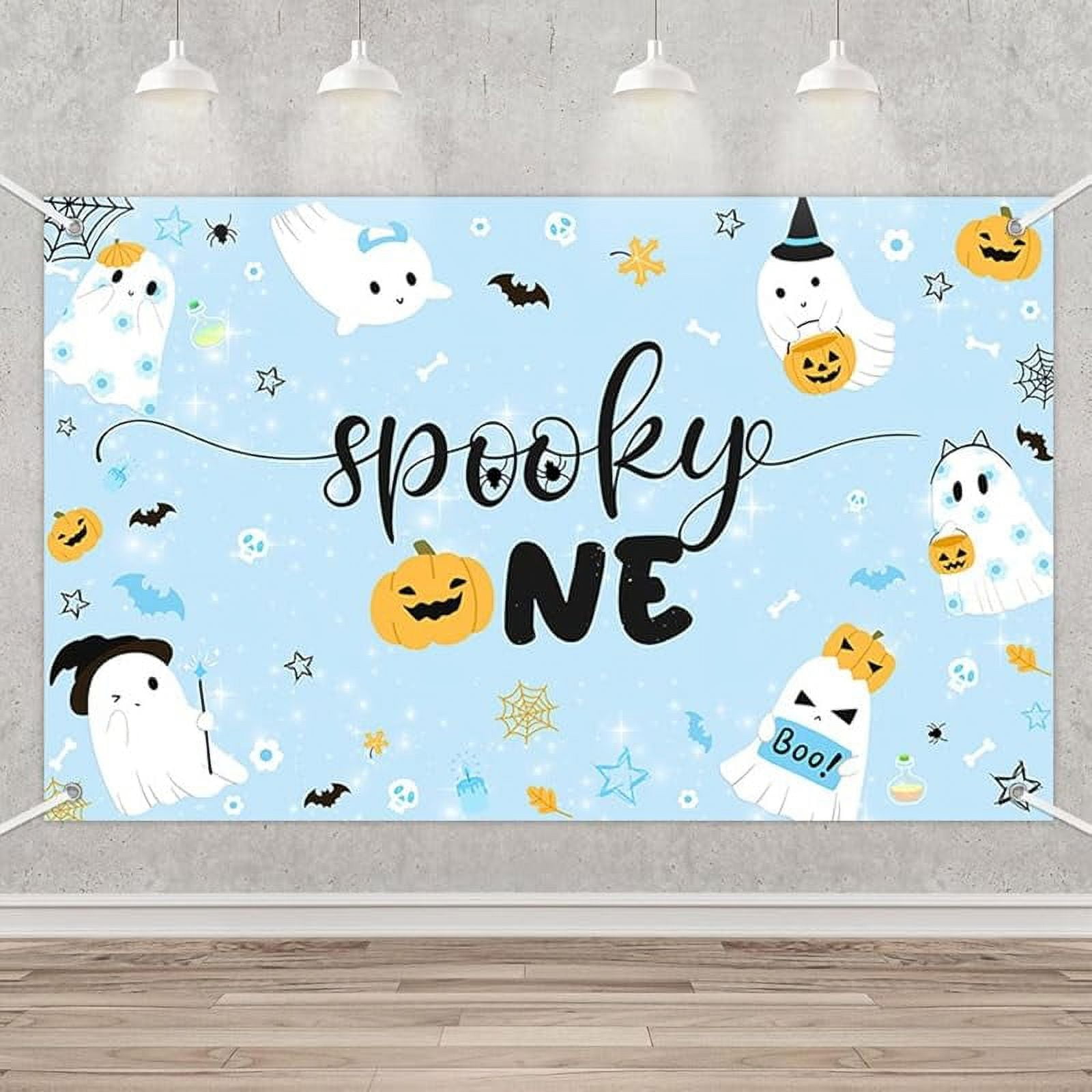 Spooky One Backdrop Banner Blue Cute Ghost Halloween 1st Birthday ...