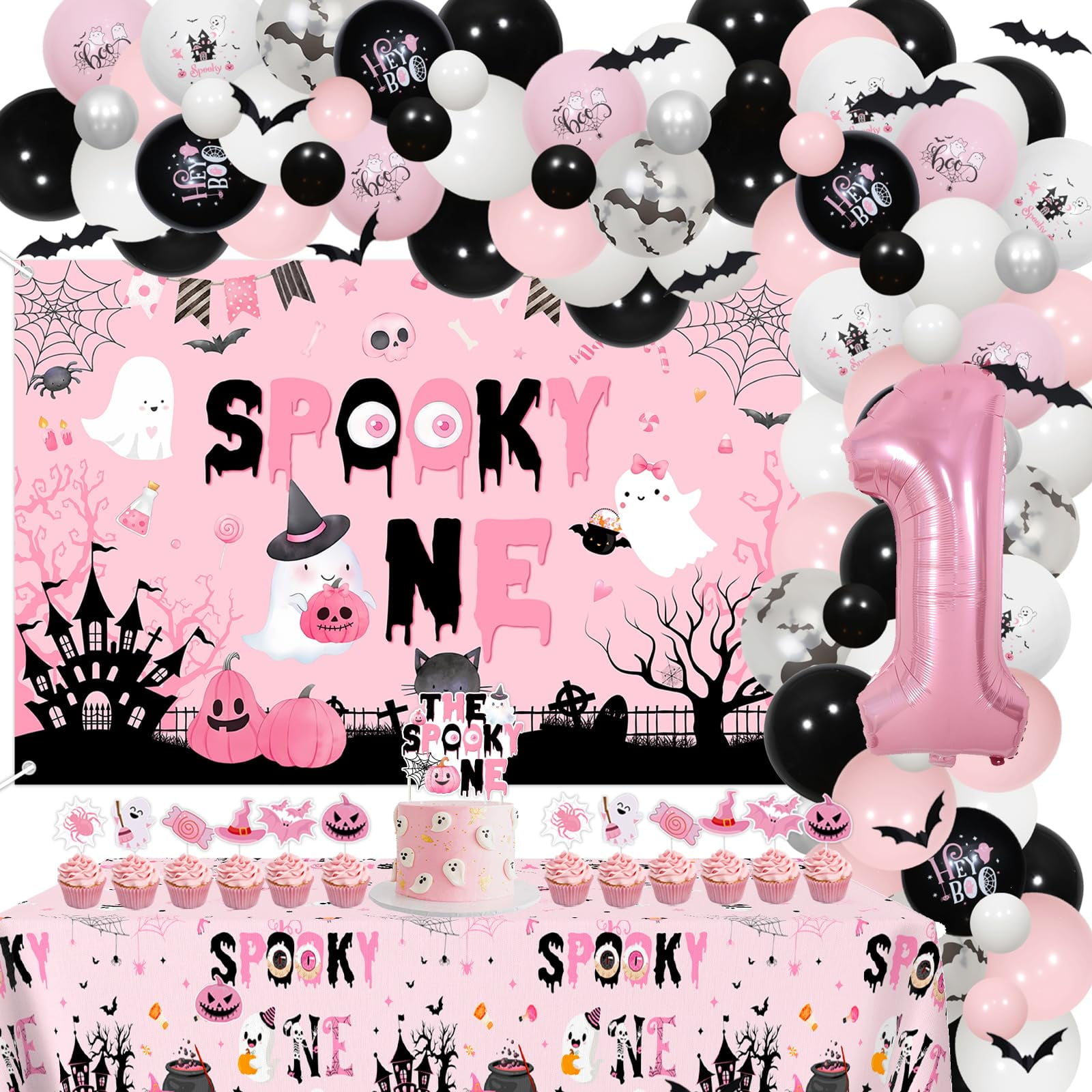 Spooky One Birthday CORNET Decorations Pink Spooky One Backdrop ...