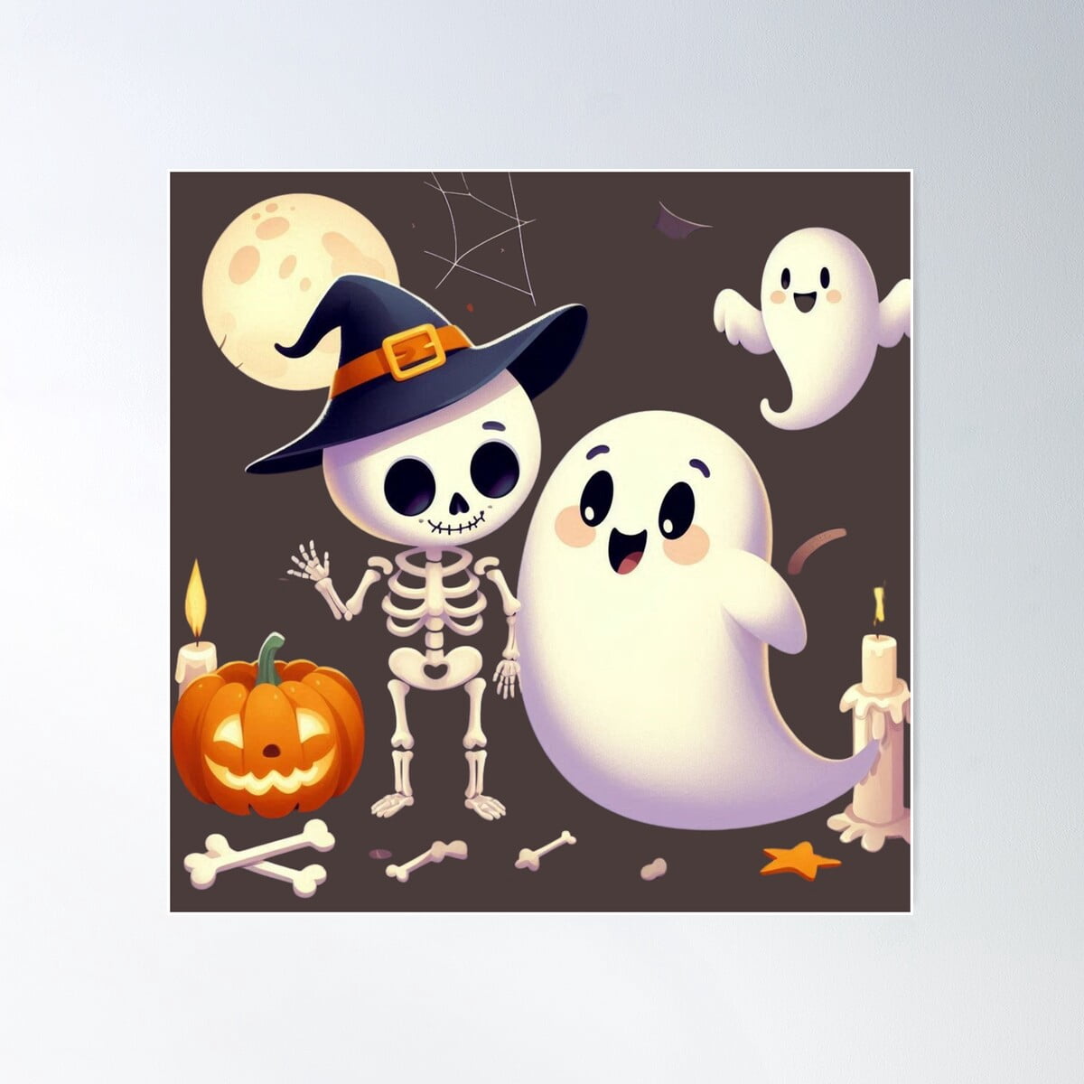 Spooky Pals: Cute Skeleton And Ghost Duo Poster Wall Art, Modern Wall ...