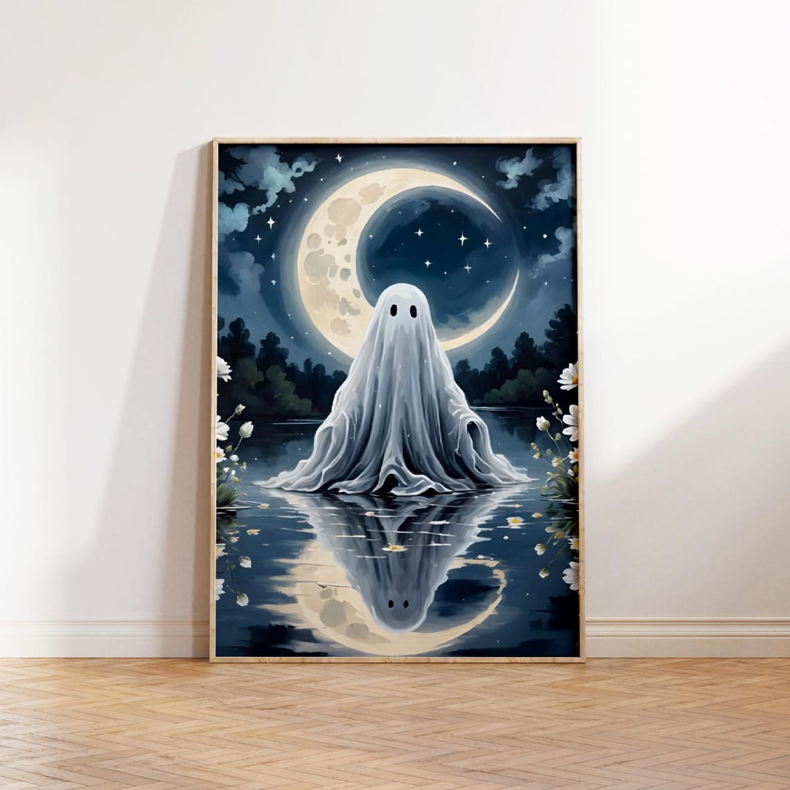 Spooky Pink Moon Wall Art Floral Ghost Print Pink Decor Ghost Flower ...