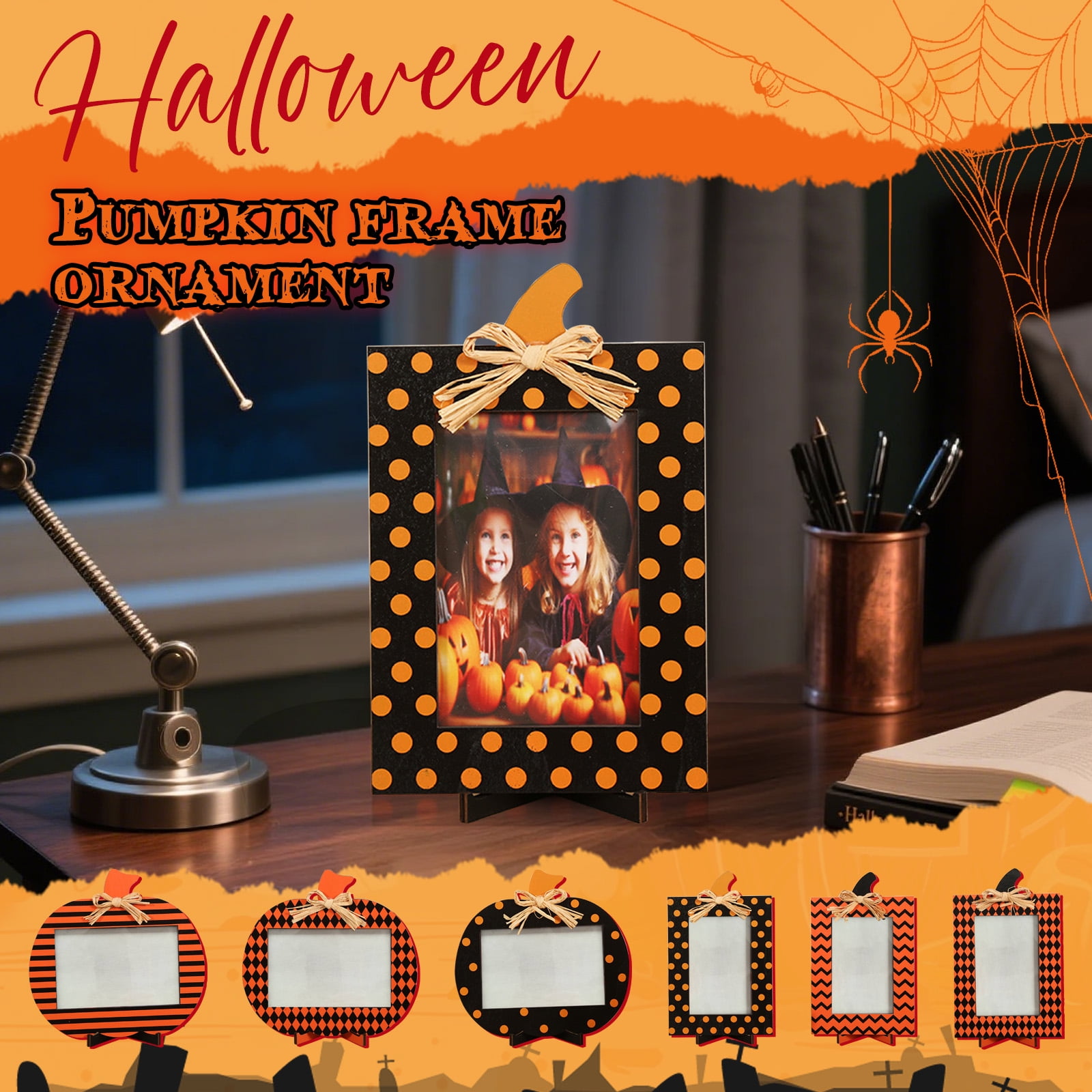 Spooky Pumpkin Diamond Frame with Decorative Bow - Wooden Freestanding ...