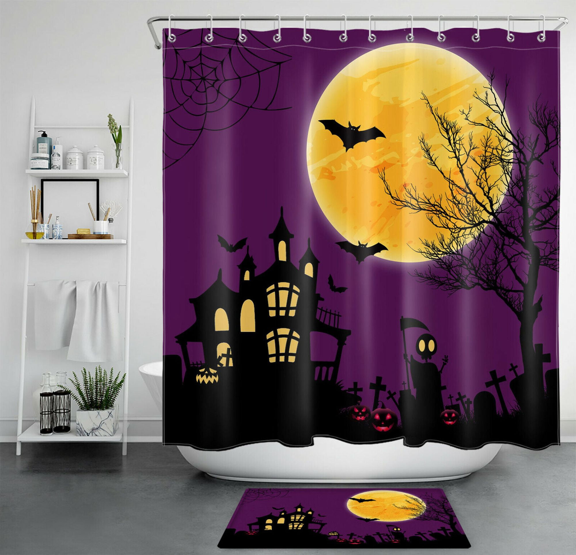 Spooky Pumpkin Moon And Bat Haunted Halloween Castle Shower Curtain For