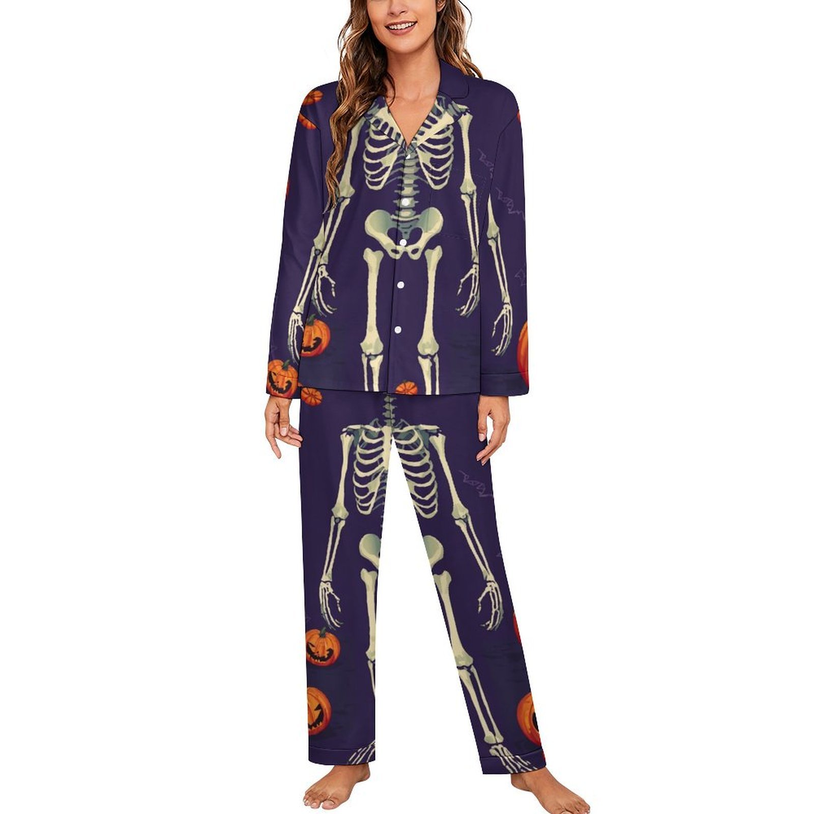 Spooky Pumpkin Skeleton Pajamas Woman Home Suit Autumn Long Sleeve 2 ...