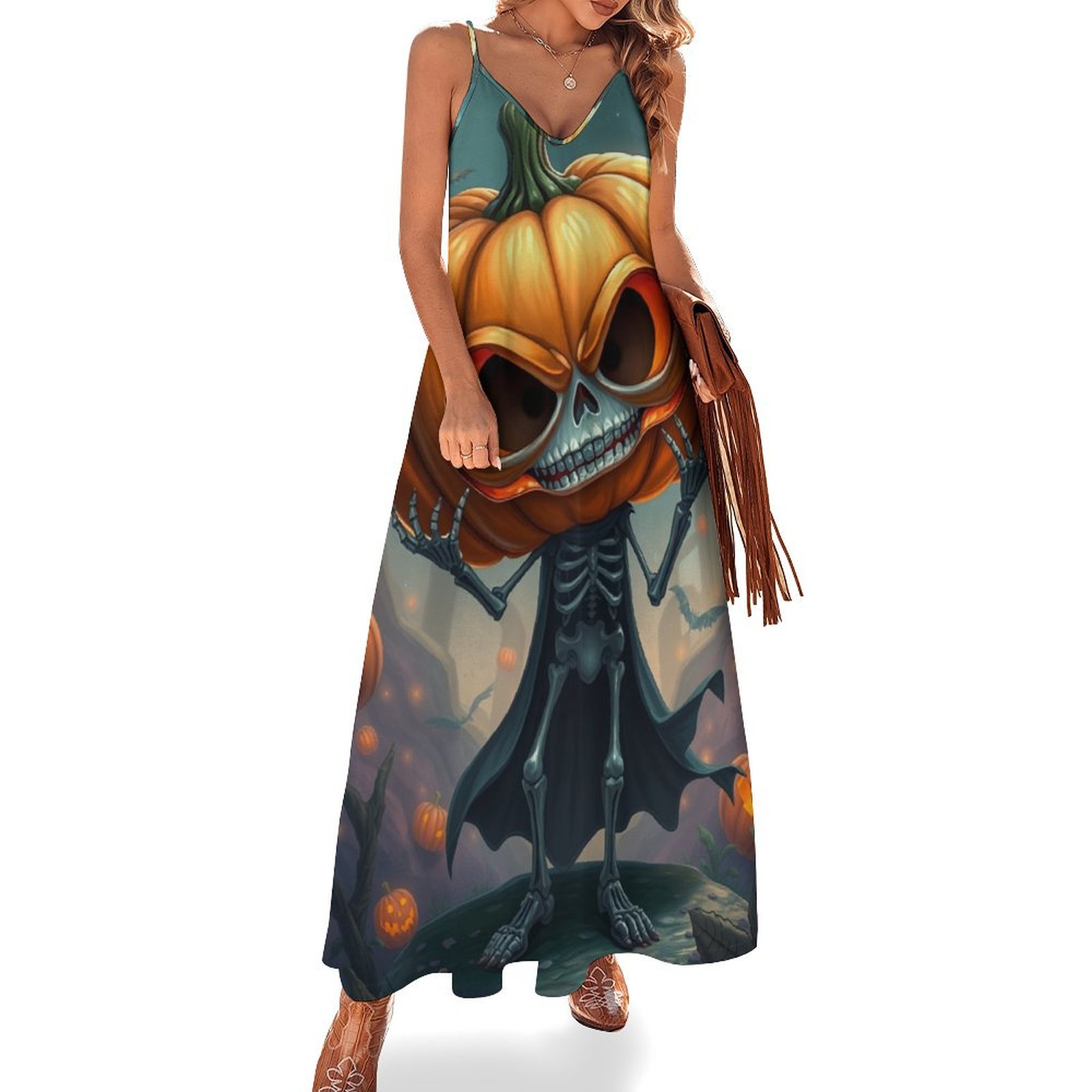 Spooky Pumpkin Skeleton Sleeveless Dress Luxury Evening Dresses for ...